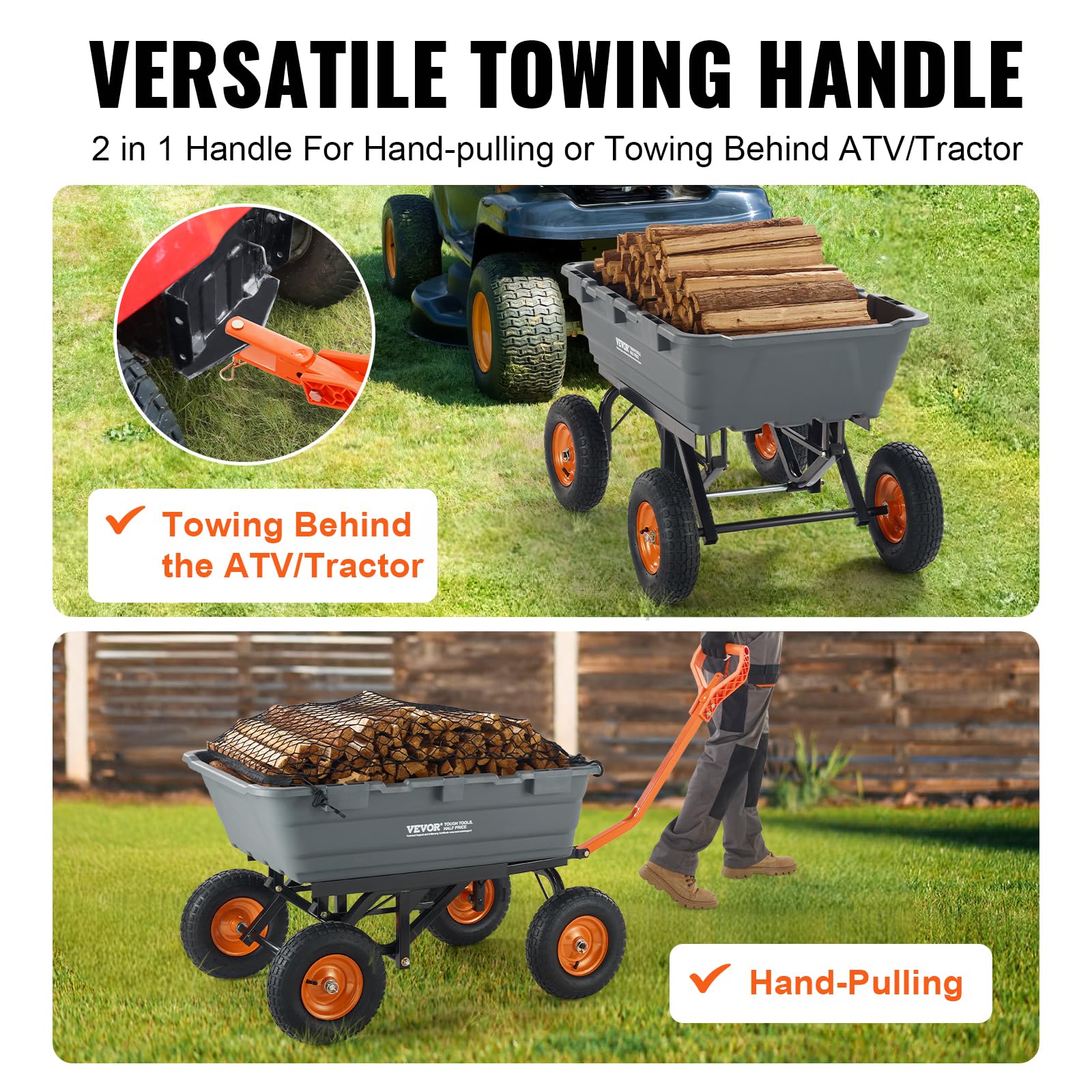 VEVOR 1500lbs Poly Yard Dump Cart Wagon with 2 in 1 Convertible Handle ...