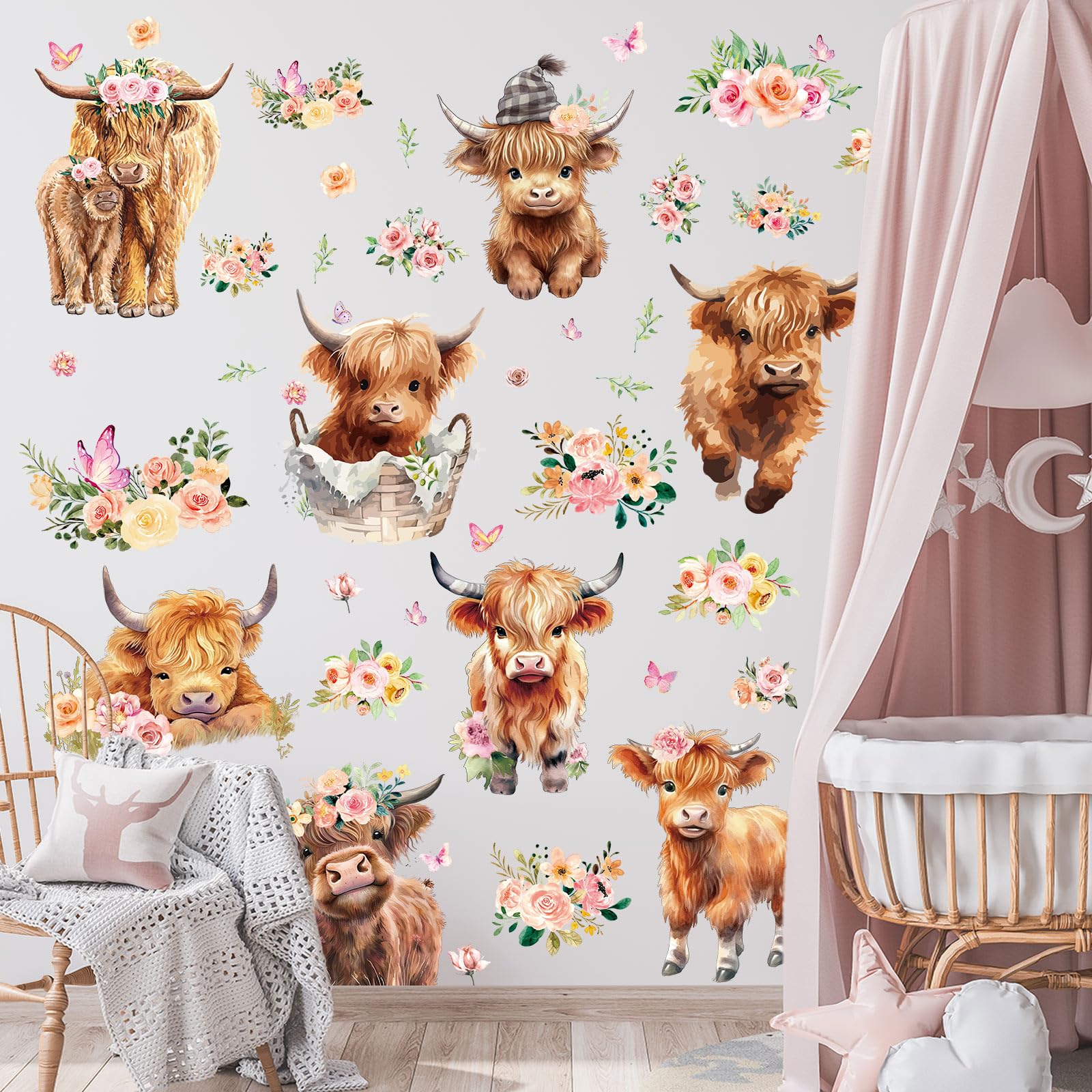 Amazon.com: JarThenaAMCS 12 Sheet Highland Cow Wall Decals Pink Floral ...