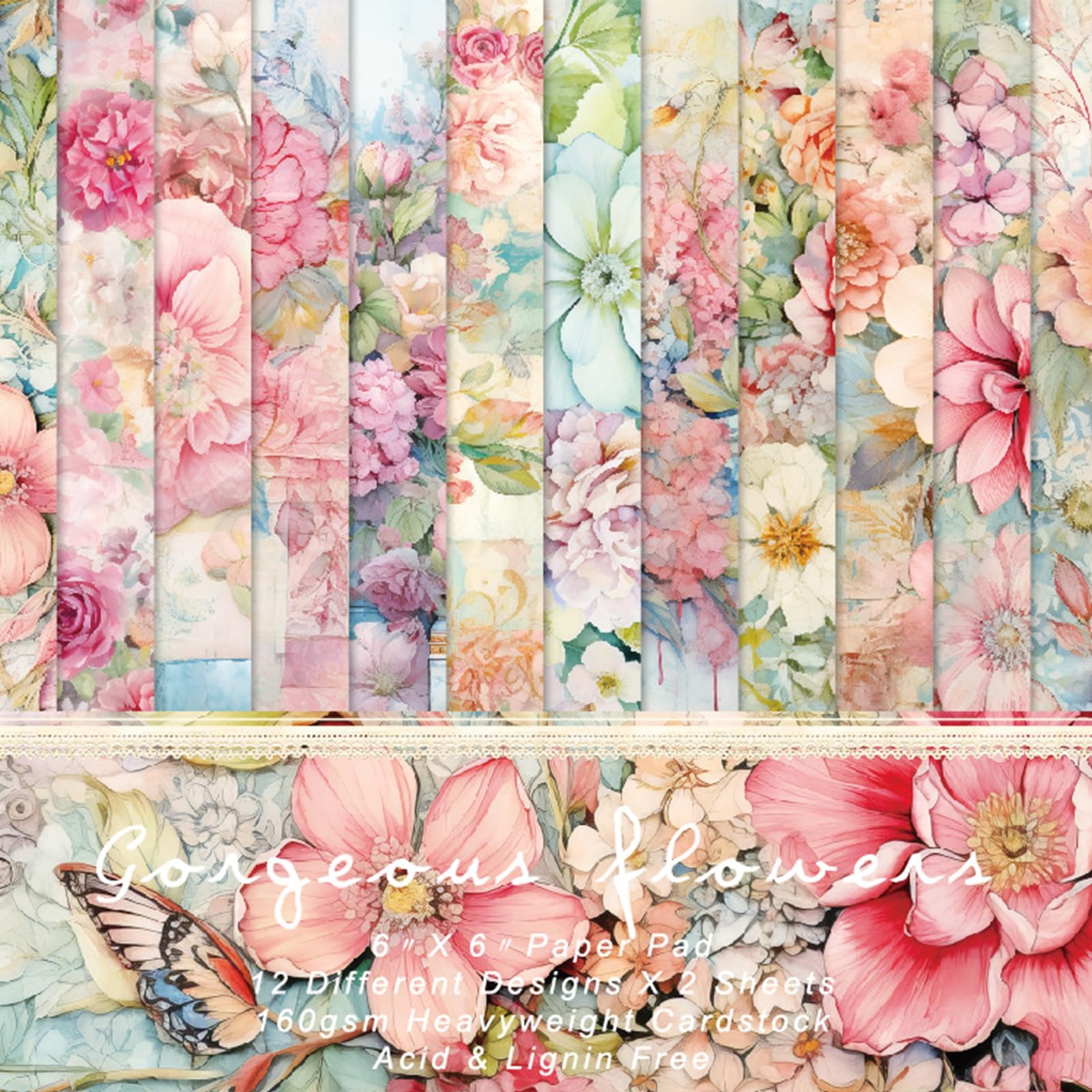 24 Sheets Scrapbooking Cardstock Paper Pads,12 Designs Flowers Pattern ...