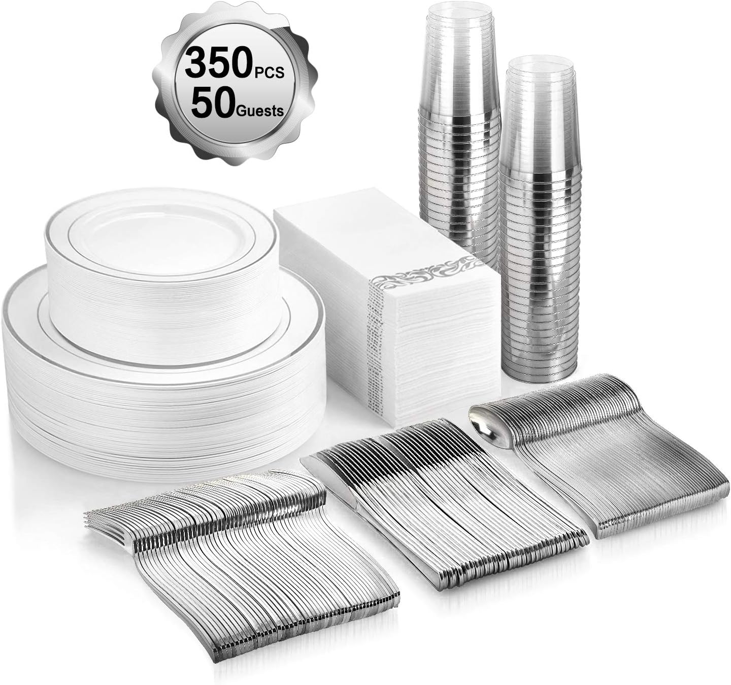 Amazon.com | 350 Piece MCIRCO Silver Dinnerware Set - 100 Silver Rim ...