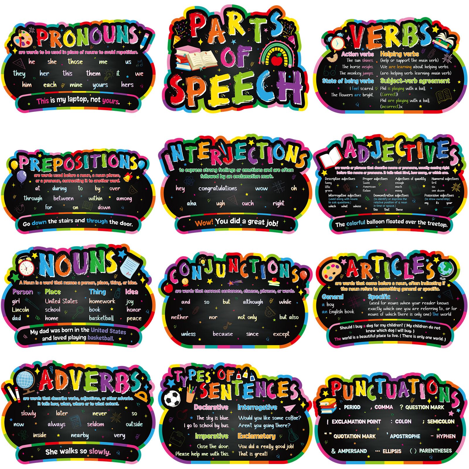 Snapklik.com : Pasimy 12 Pieces Parts Of Speech Posters English Grammar ...