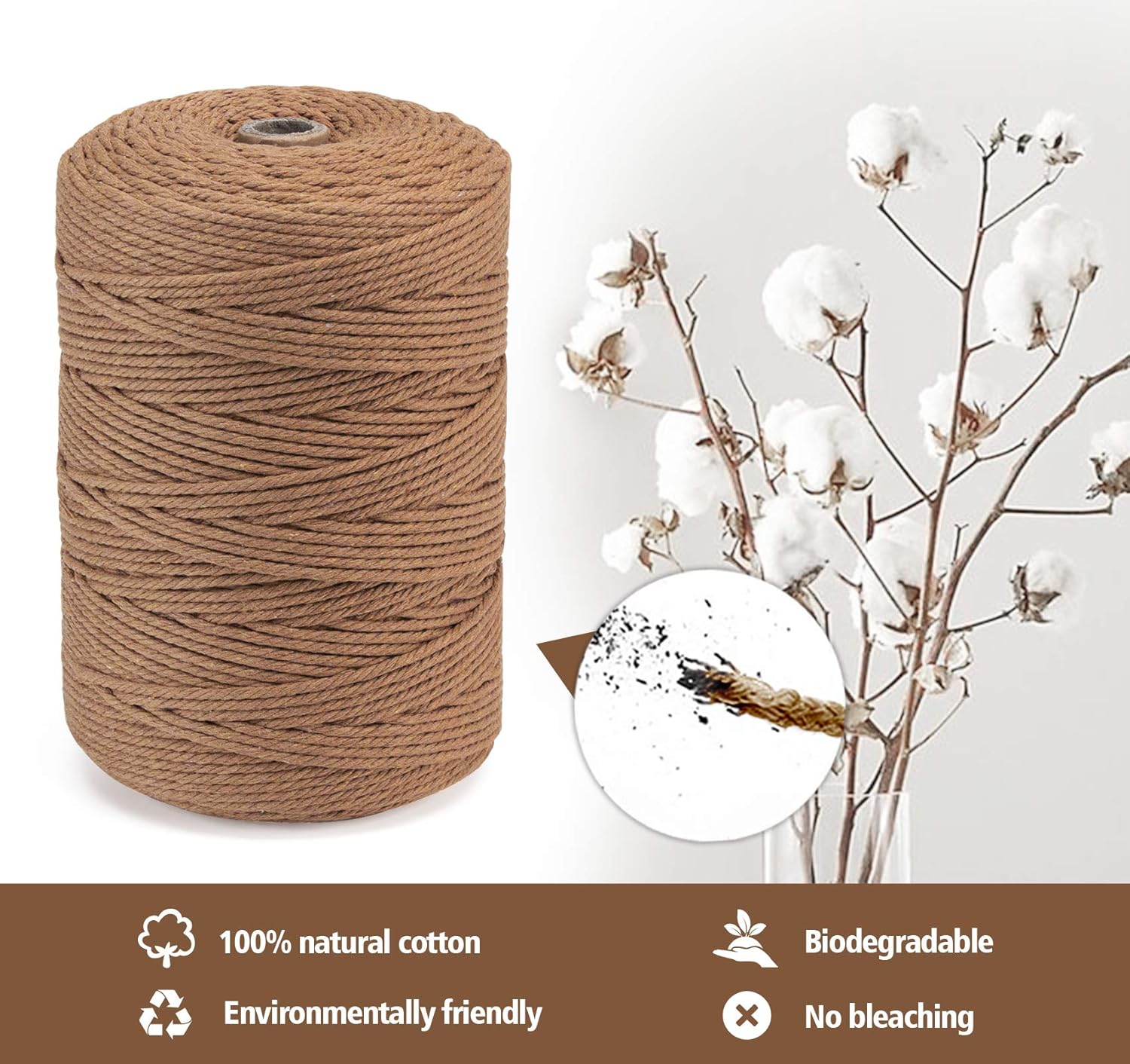 Macrame Cord in Brown-tan, 3mm x 300m Macrame Rope Cotton 4-ply Natural ...