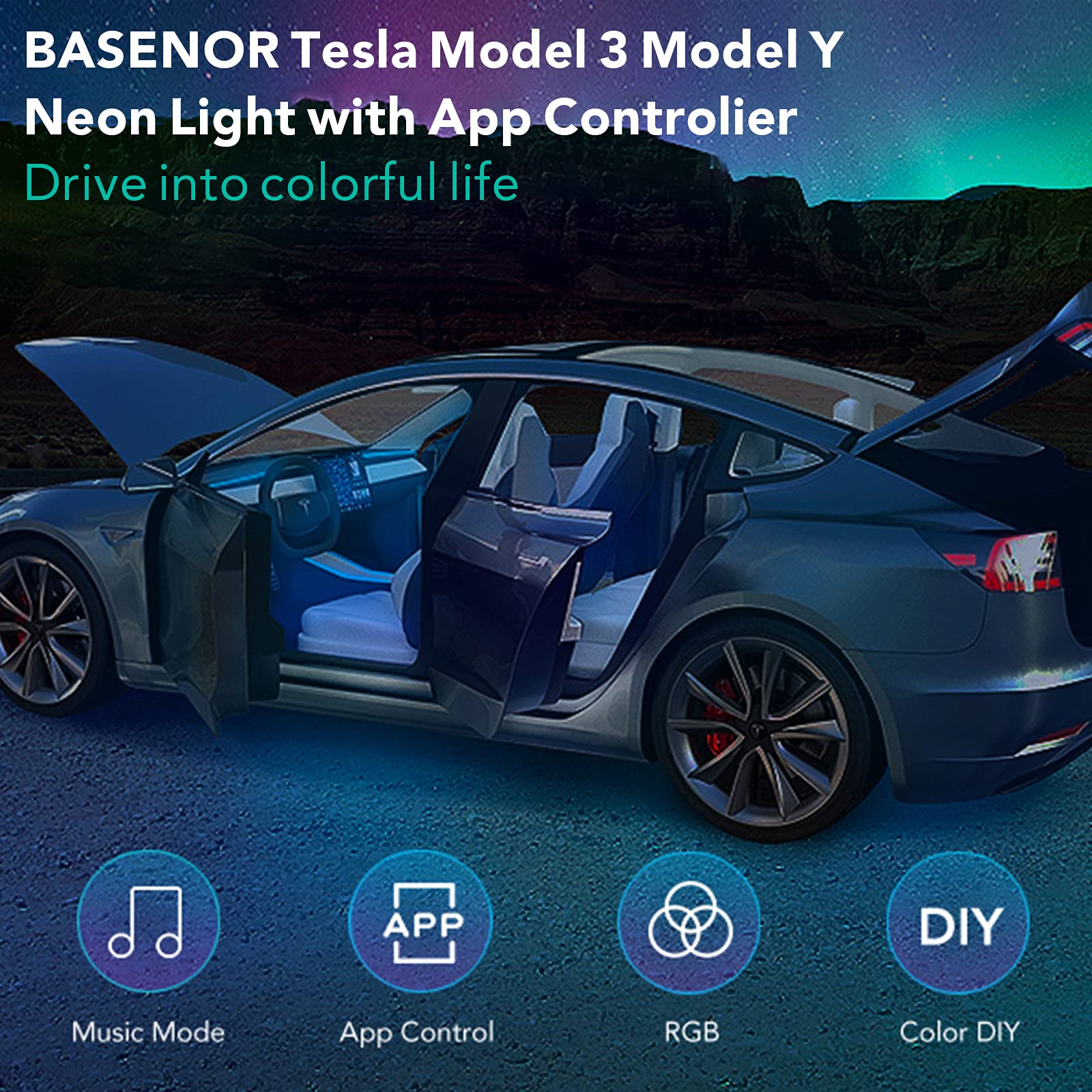 Buy 2022 2021 Tesla Model Y Model 3 Neon Light Tubes RGB Interior LED ...