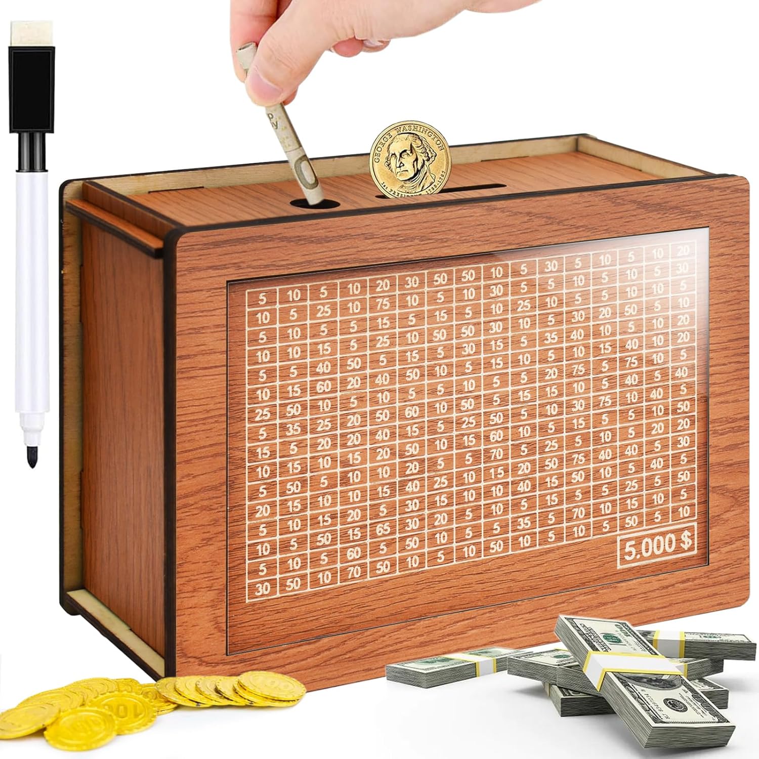 Amazon.com: VOGUSON $5000 Cash Vault for Kids Adults,Wooden Saving Box ...