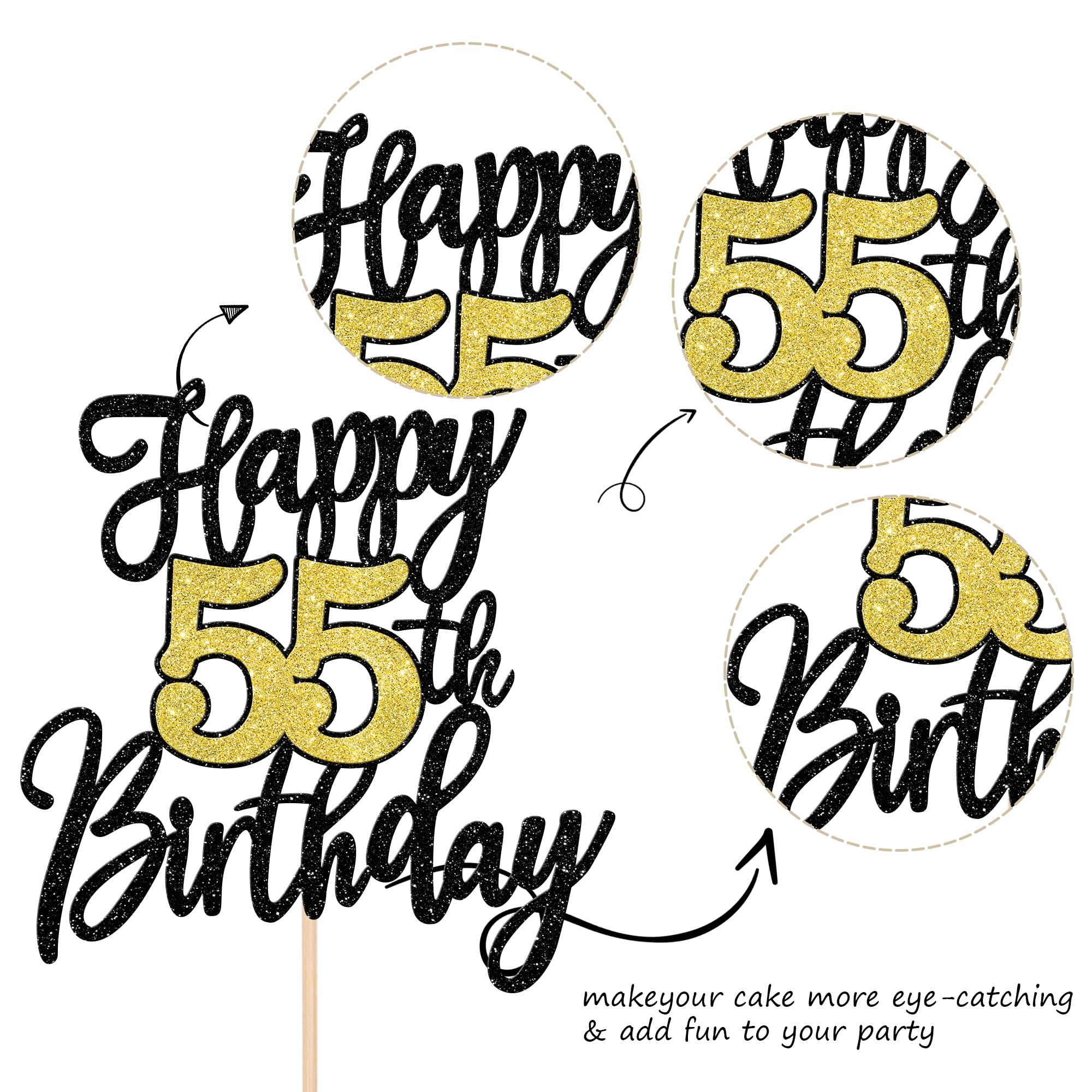 Snapklik.com : 1 PCS Happy 55th Birthday Cake Topper Black Gold Glitter ...