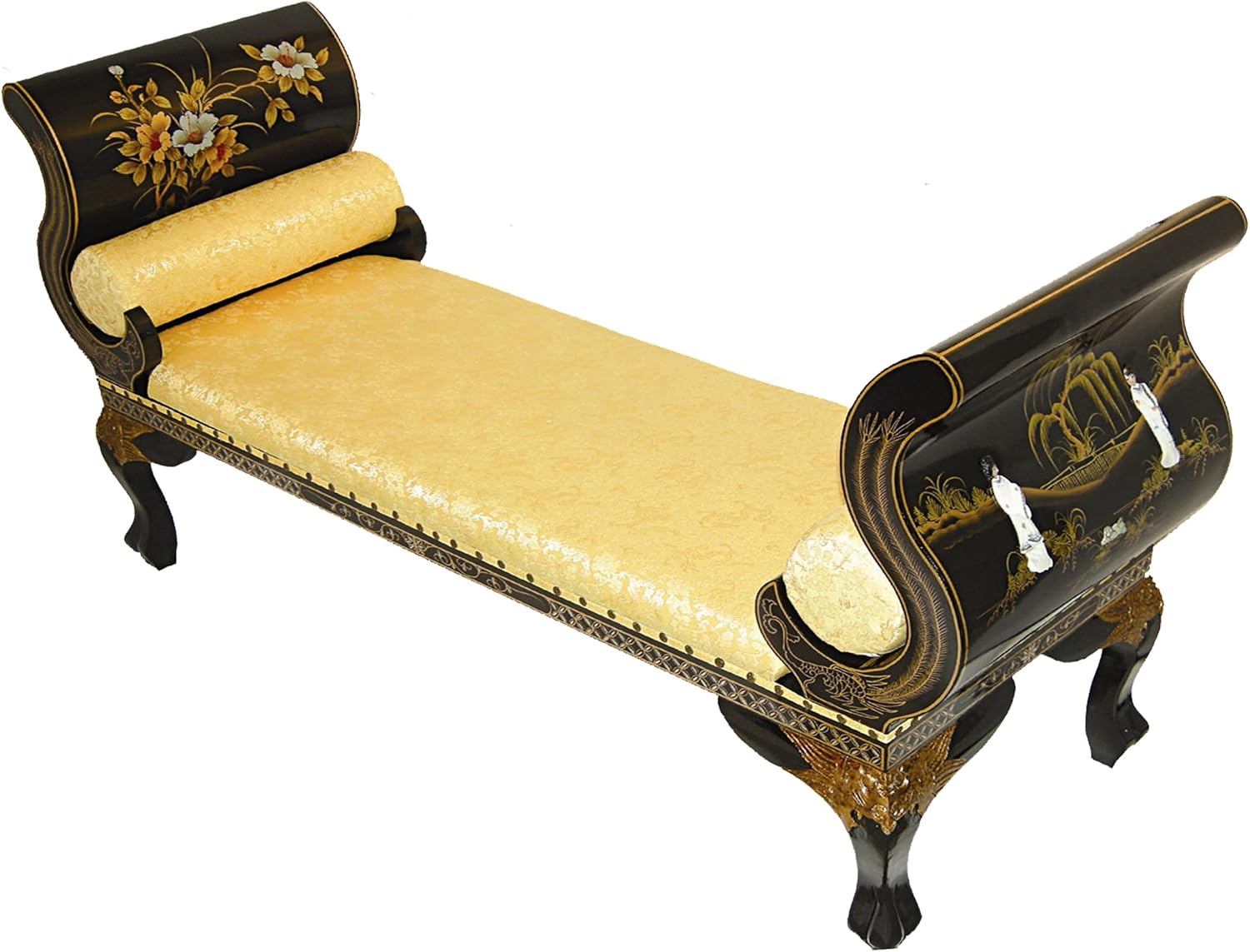 Chinese Furniture Bench Seat with Cream Cushion Oriental Chaise Longue ...