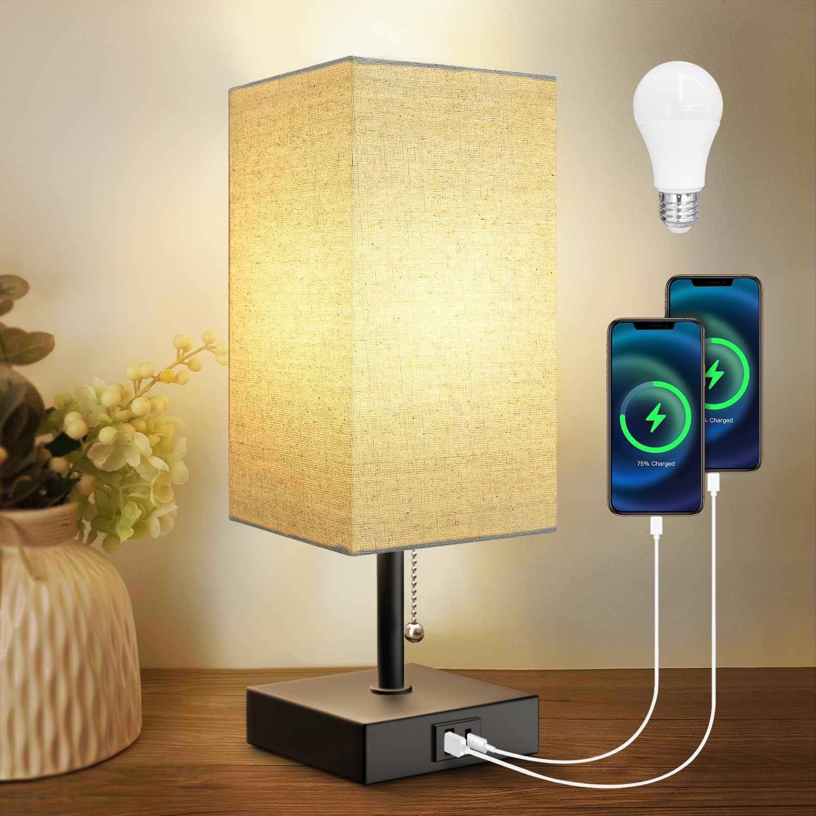 Bedside Lamp for Bedroom with USB C + A Charging Ports, Beige Fabric ...