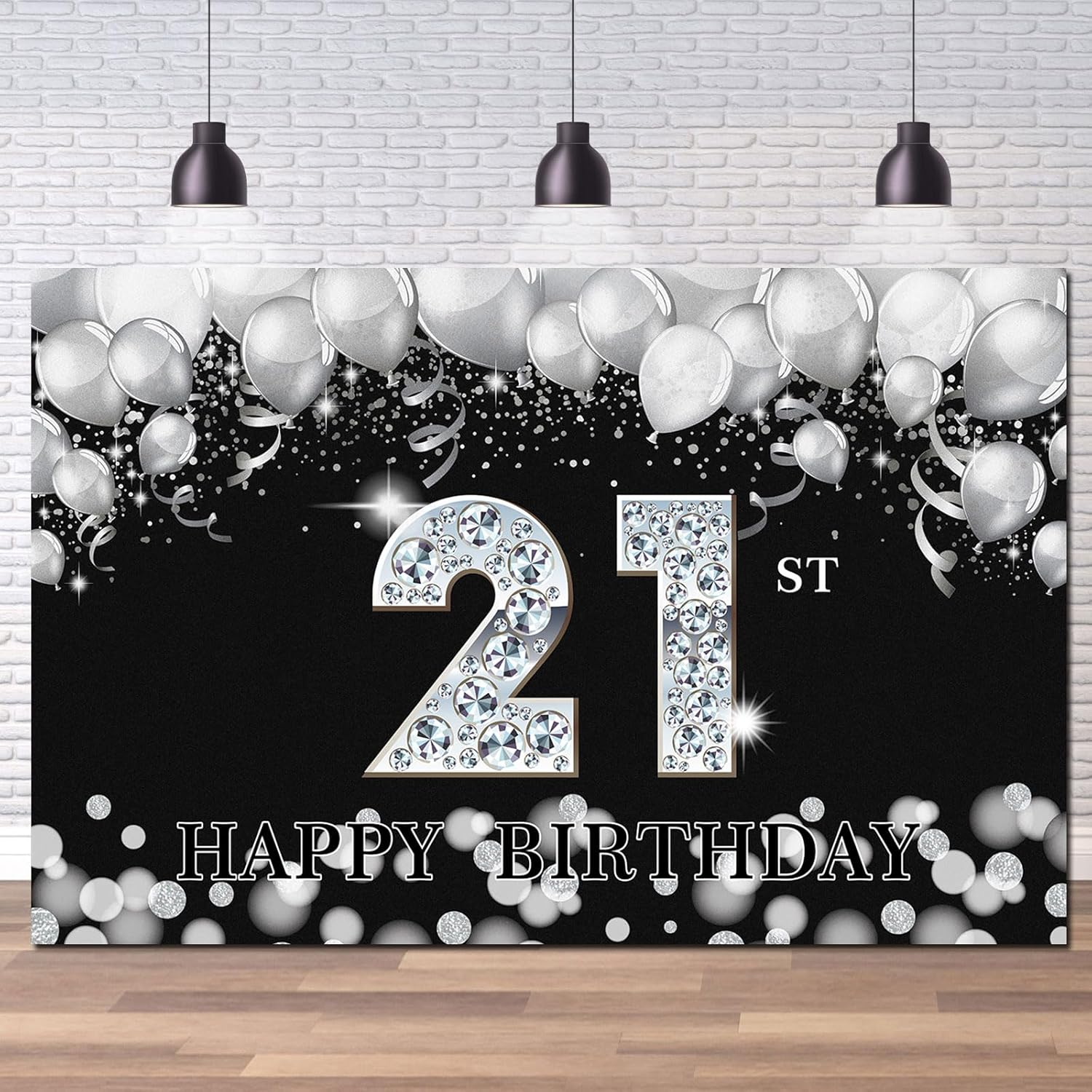 Amazon.com: Dill-Dall Happy 21st Birthday Backdrop, Black Silver ...