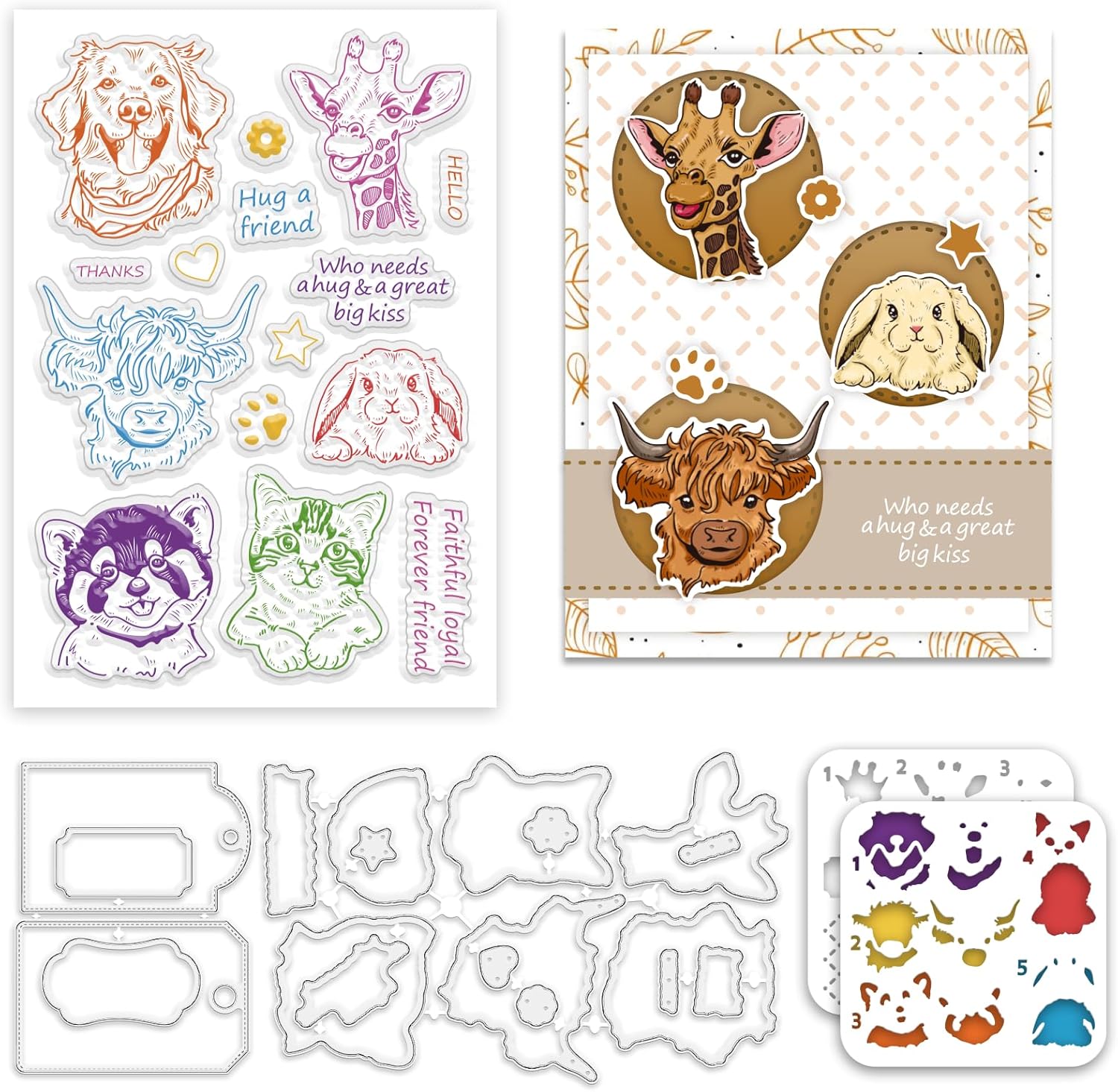 Amazon.com: INFUNLY Cute Animals Clear Stamps and Cutting Dies Set with ...