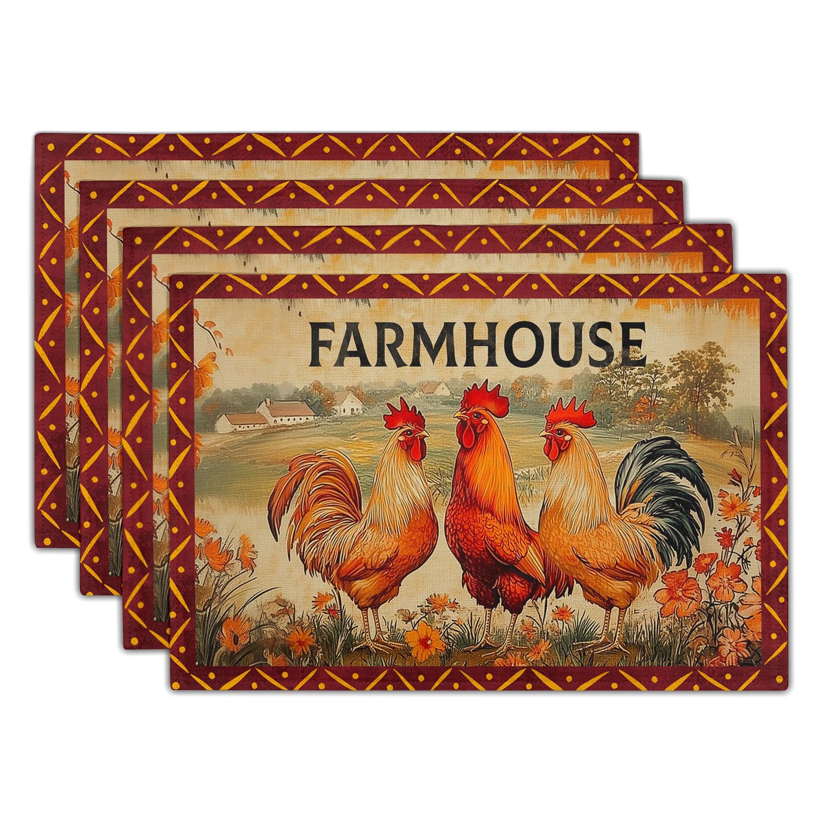 Amazon.com: Farmhouse Rooster Placemats Set of 4 Vintage Chicken Farm ...