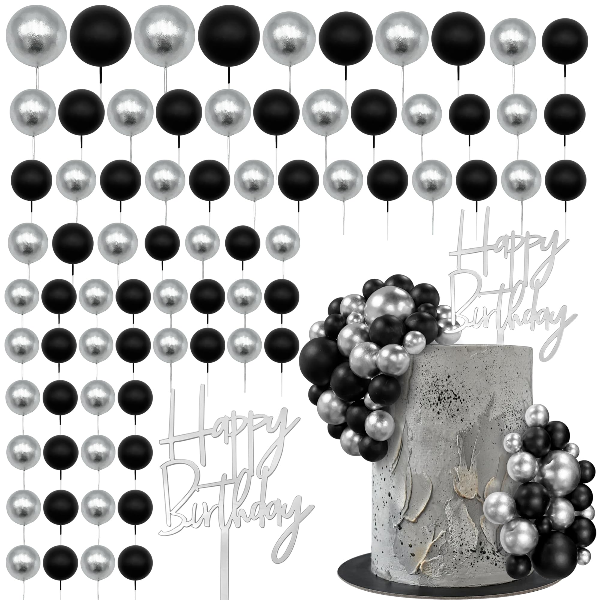 Amazon.com: 75 PCS Black and Silver Cake Decorations Balls Cake Topper ...