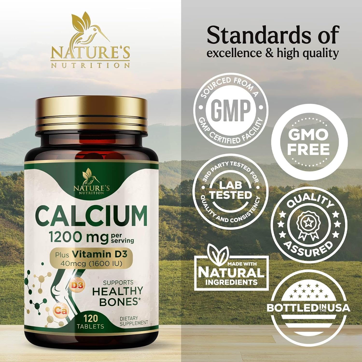 Calcio 1200 mg con vitamina D3, suplemento dietético para apoyo óseo y ...