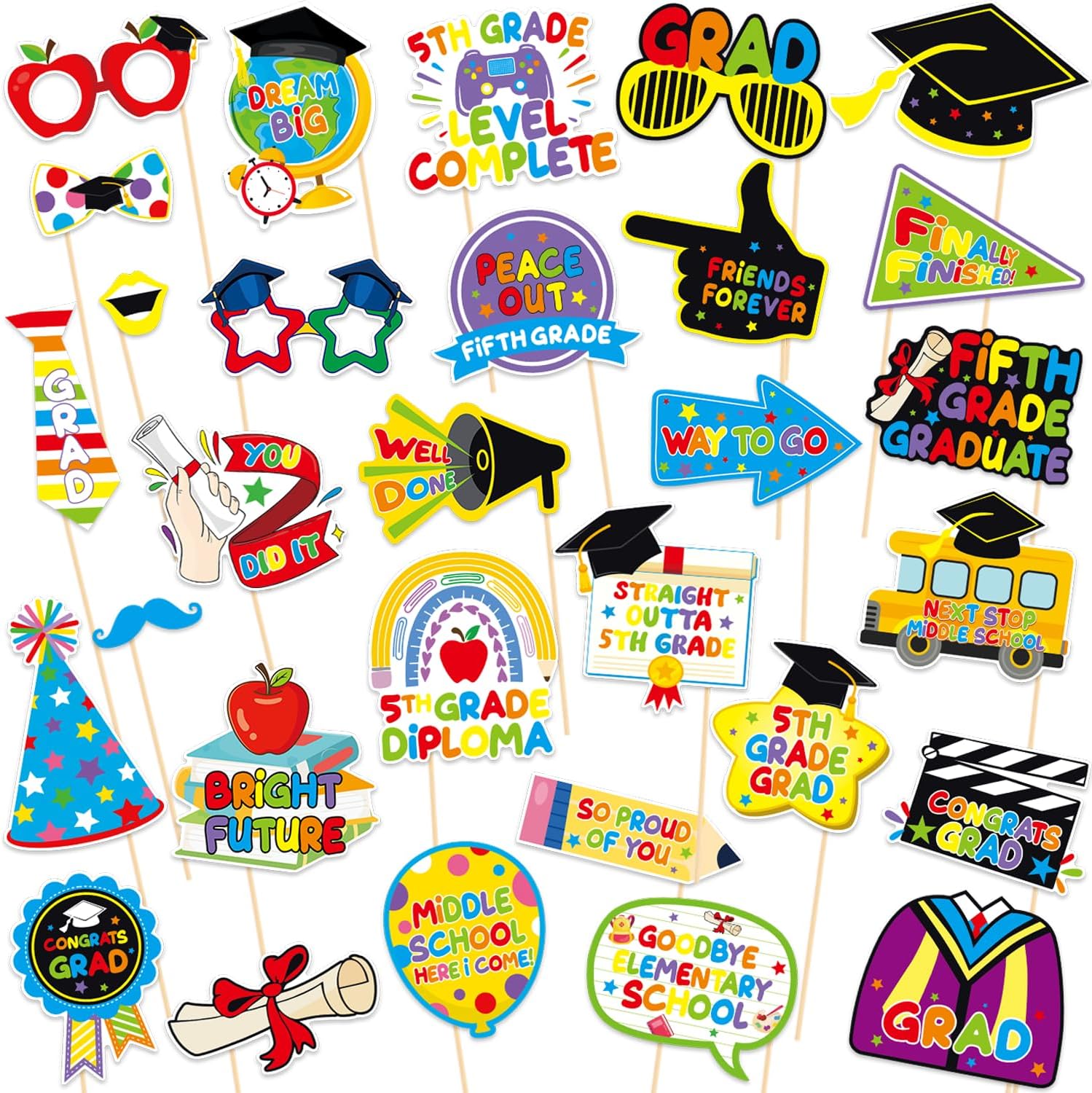 Amazon.com: YEIRFYY 30 Pieces Colorful 5th Grade Grad Photo Booth Props ...