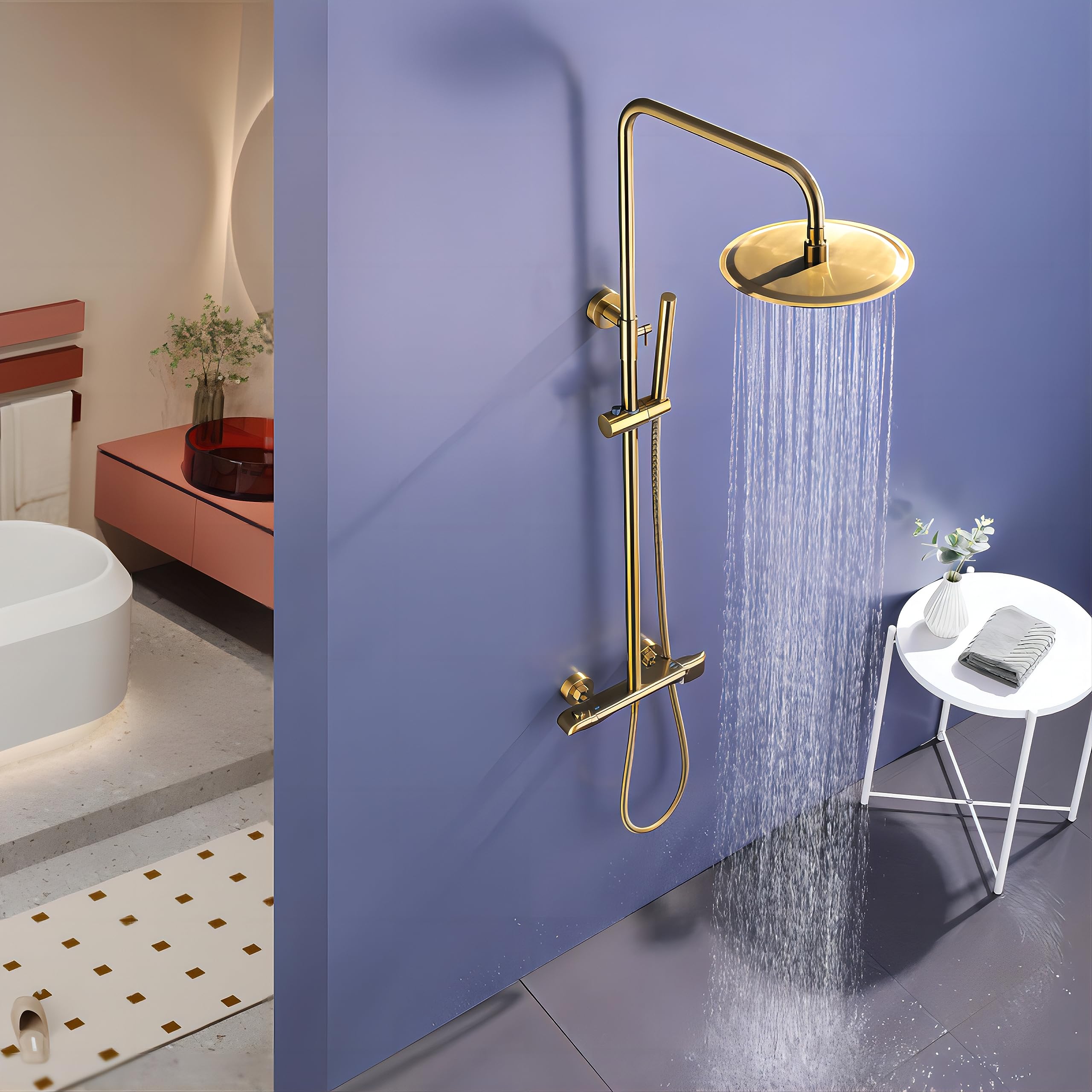 QISHENG Thermostatic Exposed Gold Shower System Wall-mounted Exposed ...