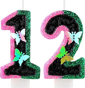 Amazon.com: Birthday Number 12 Candles Pink Black and Green Butterfly ...