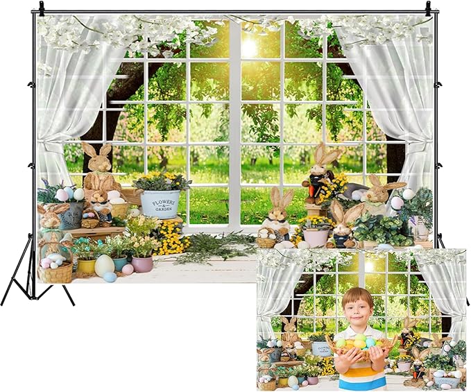 Amazon.com : AOFOTO 7x5ft Spring Easter Window Scenery Backdrop Rabbit ...