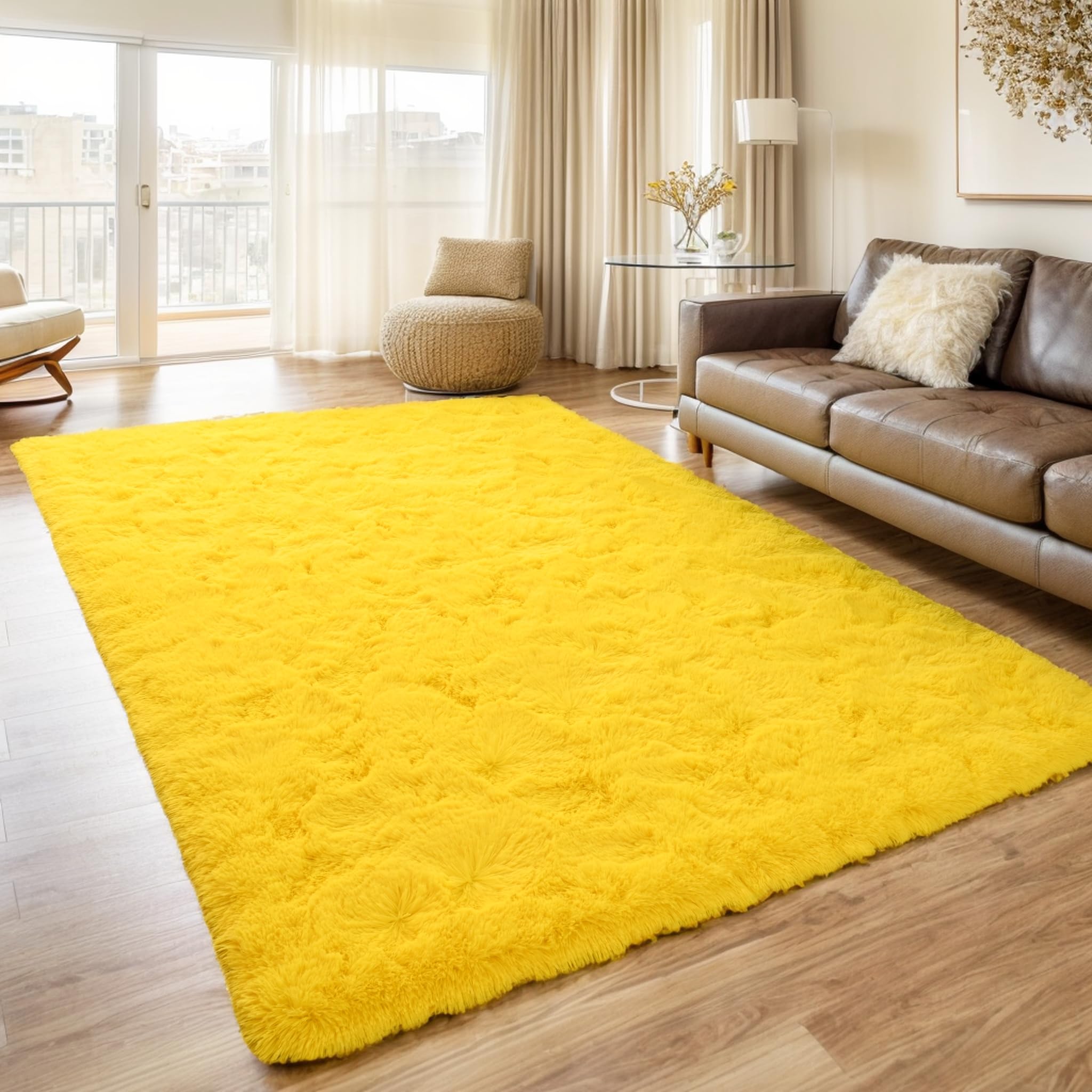 Amazon.com: GREFFY Soft 4x5.3 Feet Area Rug, Modern Yellow Shag Carpet ...