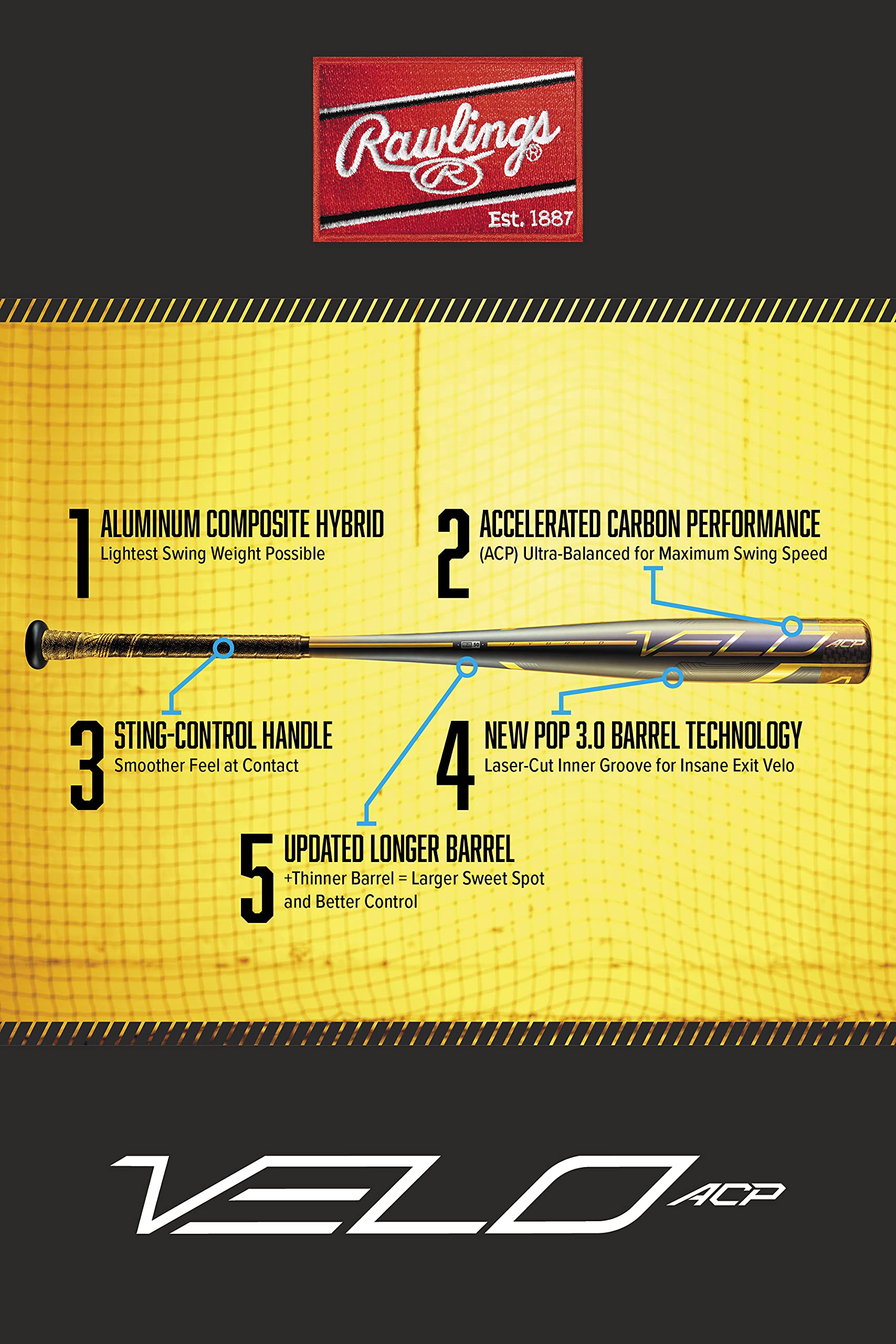 Rawlings | VELO Baseball Bat | BBCOR | -3 Drop | 1 Pc. Alloy, Composite ...