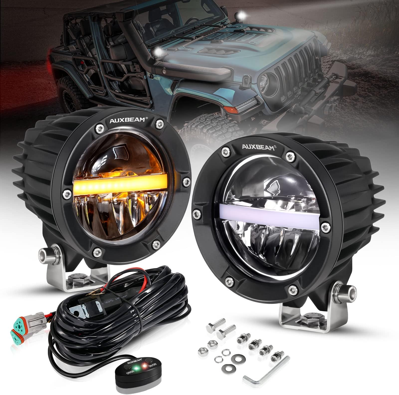 Auxbeam 4 Inch 110W Round Offroad Lights, Amber DRL Design 11000LM LED ...