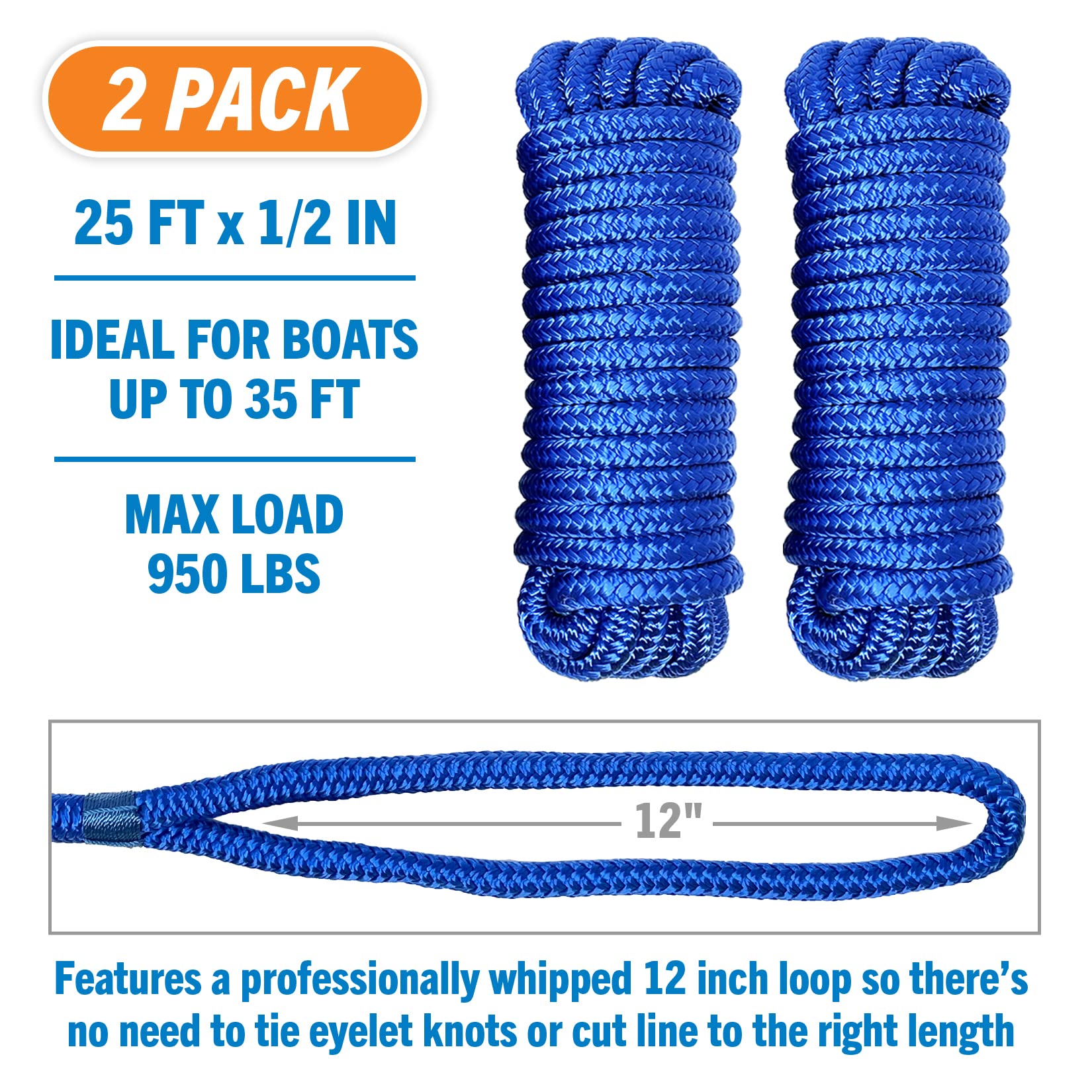 Snapklik.com : Boat Dock Lines, 1/2 Inch Braided Nylon Rope, 25 Ft ...