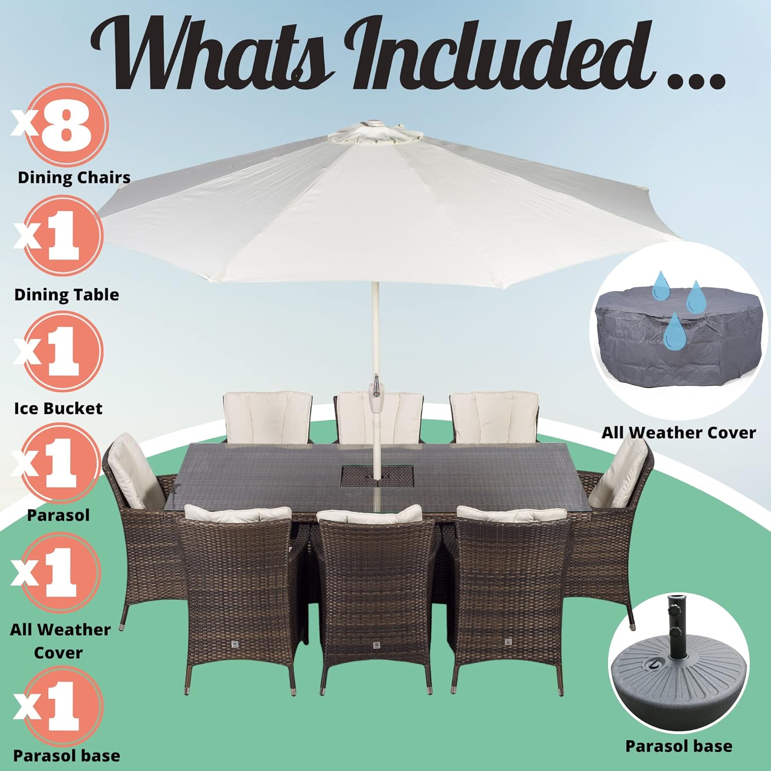Savannah Large Rattan Dining Set | Rectangle 8 Seater Brown Rattan ...