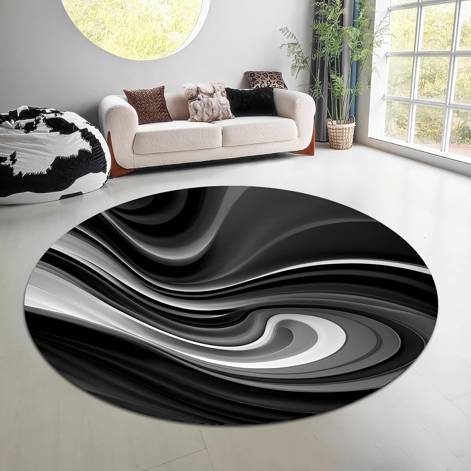 Amazon.com: Arzunsy Modern Abstract Round Area Rug 7 ft - Black and ...