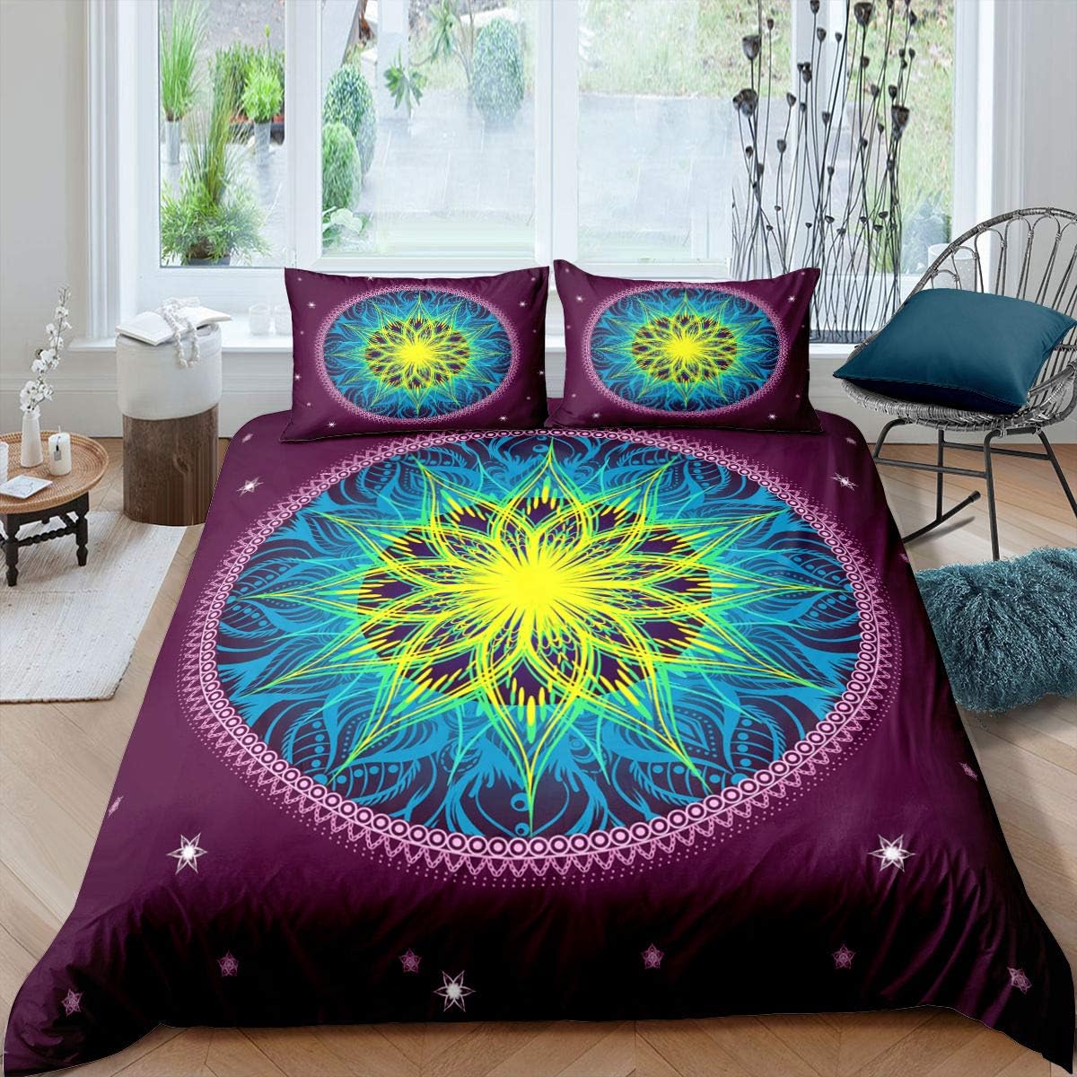 Conjunto de capa de edredom floral roxo lótus com mandala boêmia ...