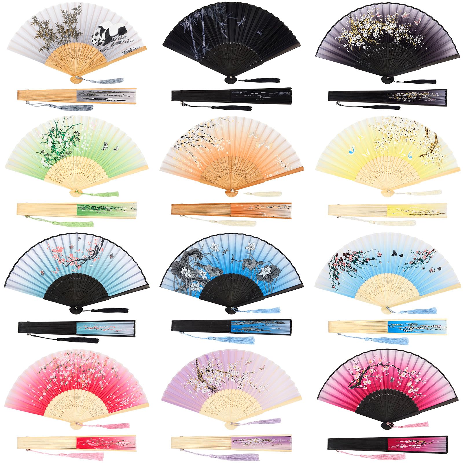 Amazon.com: Jetec 12 Pcs Floral Folding Hand Fans Chinese Style Bamboo ...