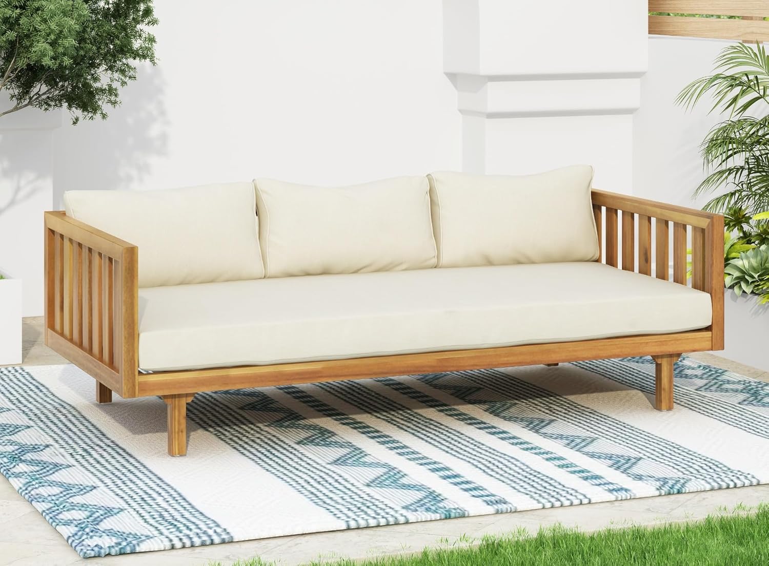 Amazon.com : Merax Outdoor 3 Seater Daybed, Acacia Wood Day Bed Couch ...