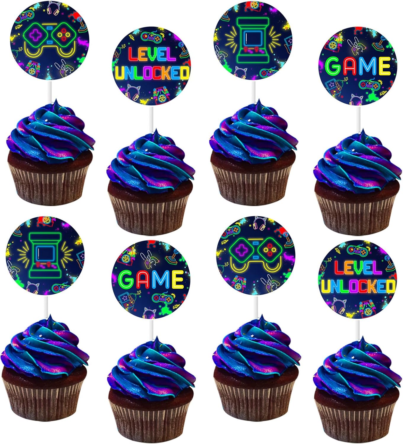 Amazon.com: Video Game Birthday Cupcake Toppers 24 pcs Neon Video Game ...