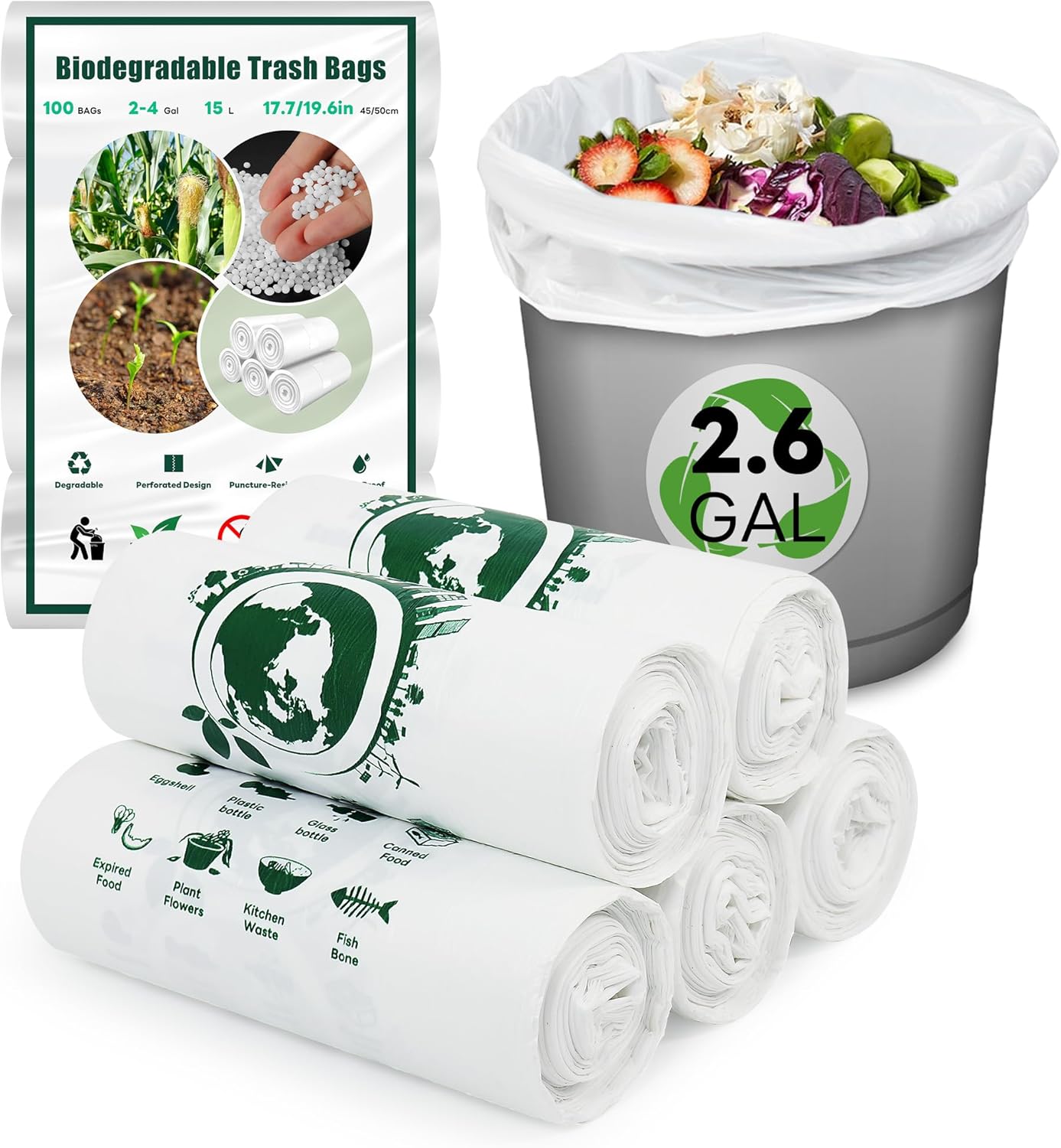 Goodaily Bin Bags 100Pcs, 15 Liter Small Biodegradable Bin Liner ...