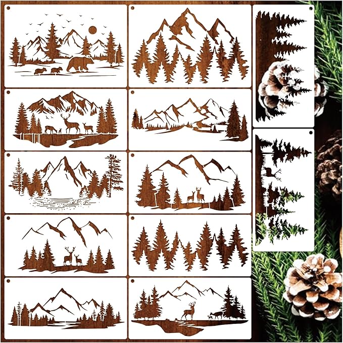 Amazon.com : 12 Pieces Mountain Stencils Pine Tree Stencils for Painting on Wood Reusable Forest ...