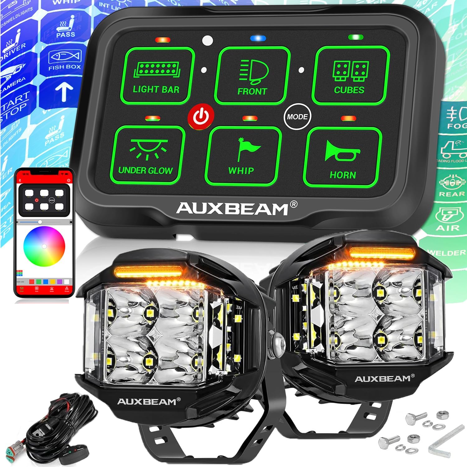 Amazon.com: Auxbeam V-MAX Series 4in 92W Round LED Pods+Auxbeam RGB 6 ...