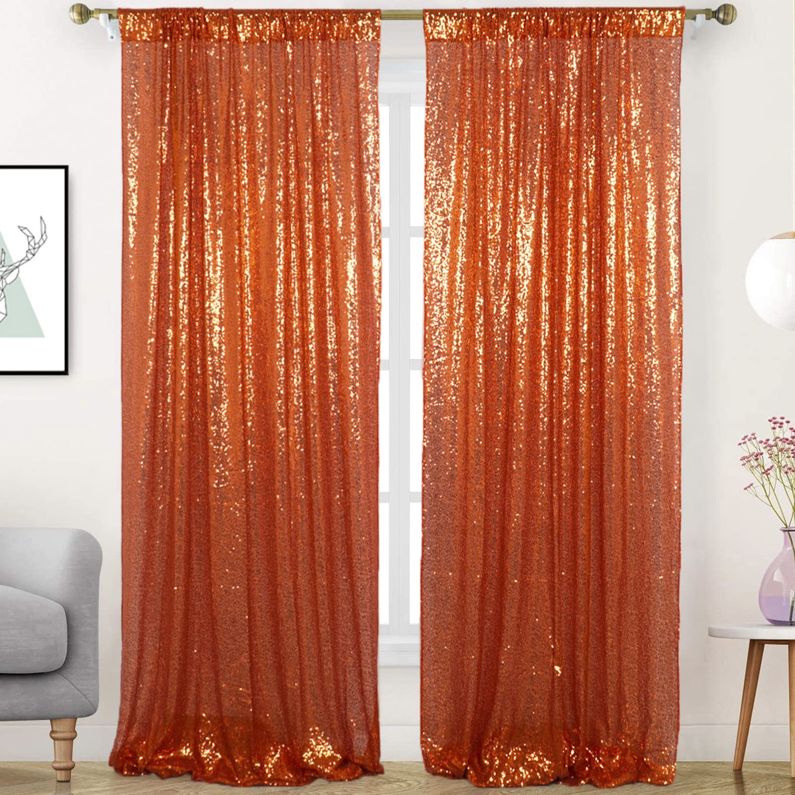 Buy Orange Sequin Backdrop Curtain 2 Panels Glitter Wedding Backdrop ...