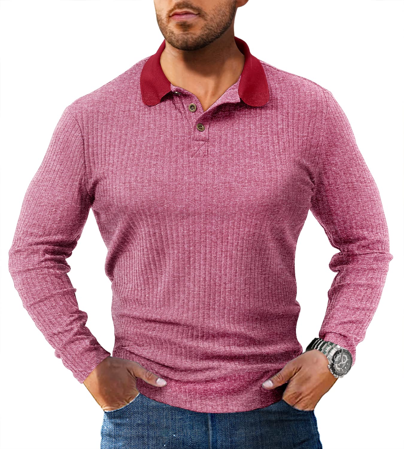 YRW Men's Polo Shirts Long Sleeve Henly Shirt Classic, Stretch Ribbed ...