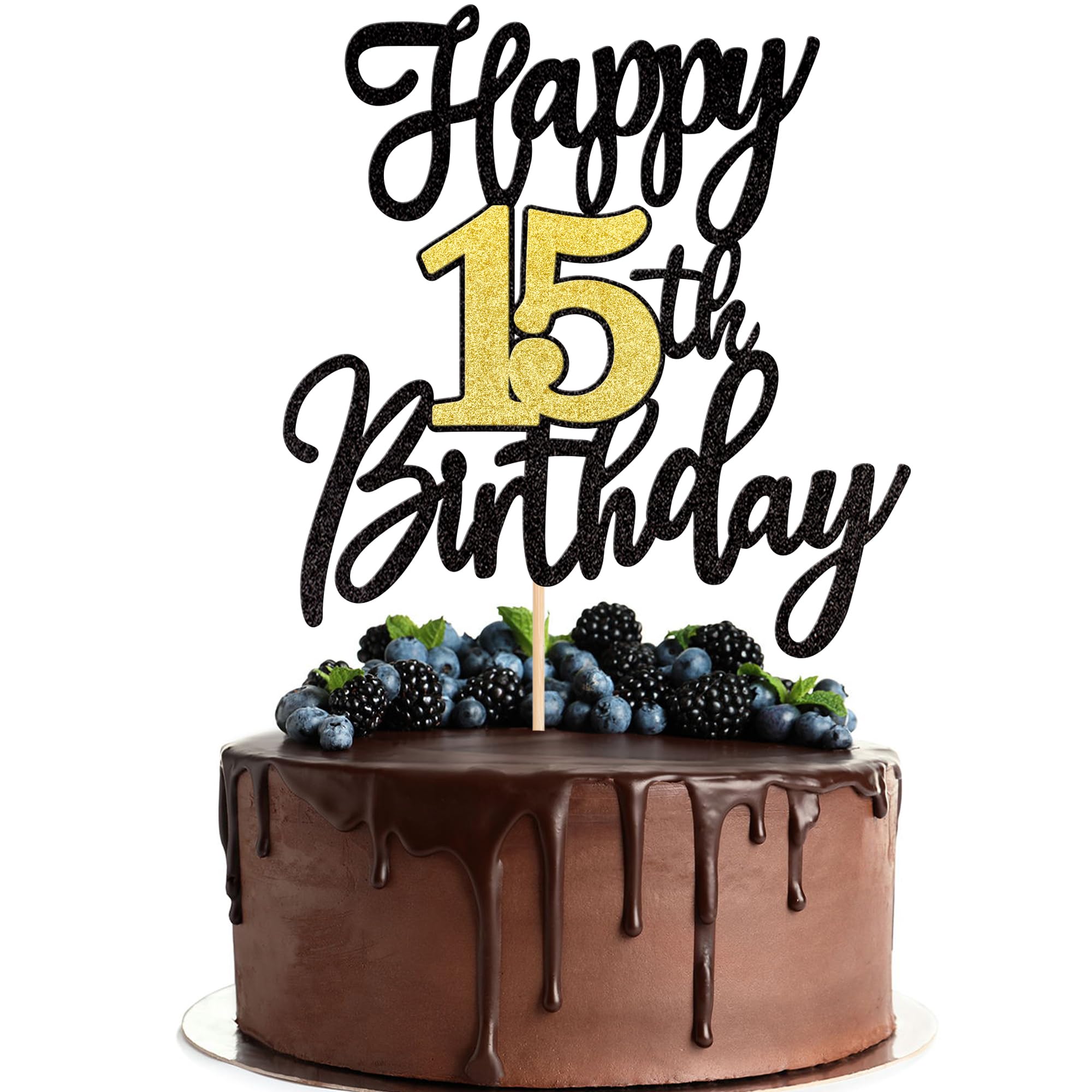 Snapklik.com : 1 PCS Happy 15th Birthday Cake Topper Black Gold Glitter ...