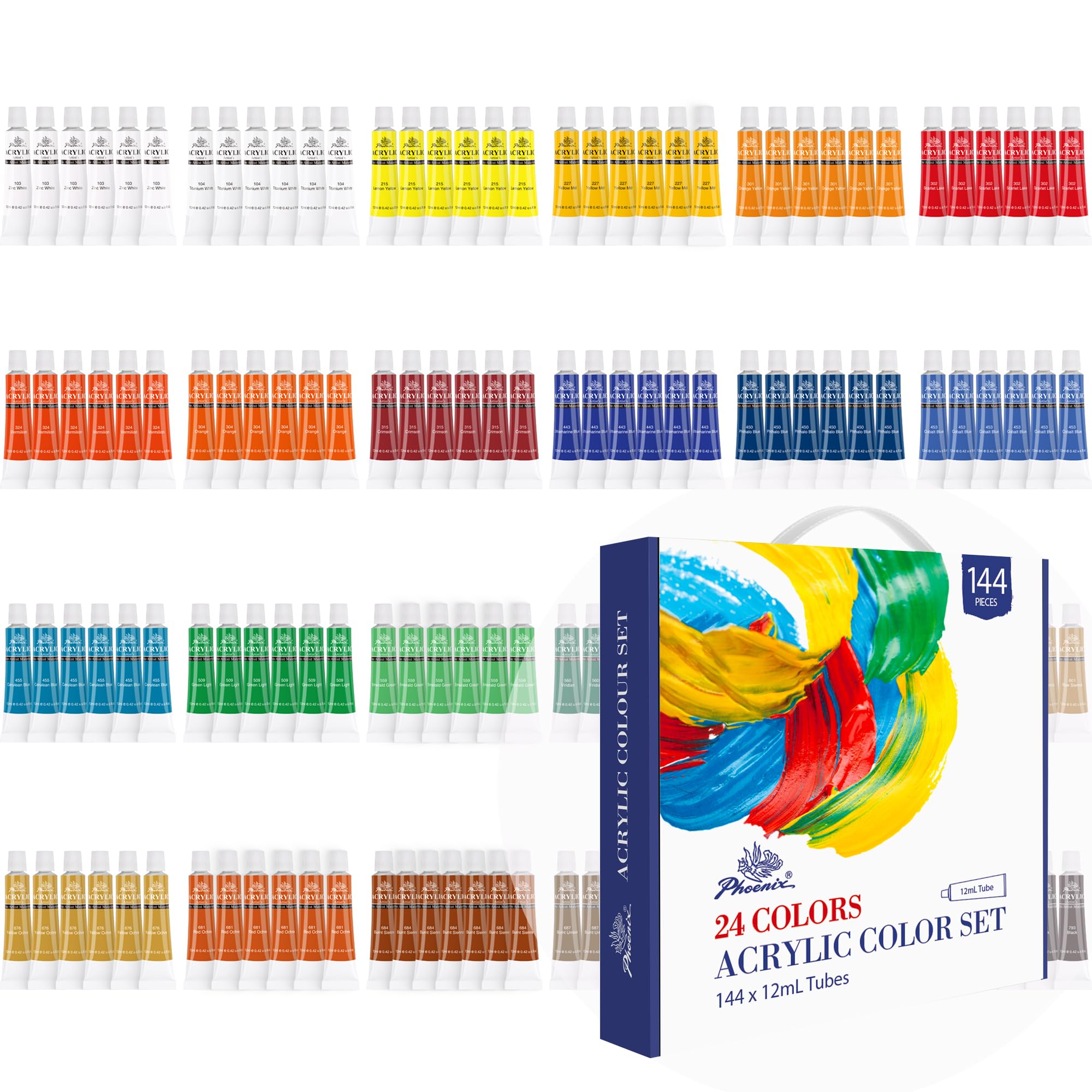 Amazon.com: PHOENIX Acrylic Paint Set, 144 x 12ml / 0.4 fl Oz. Tubes ...