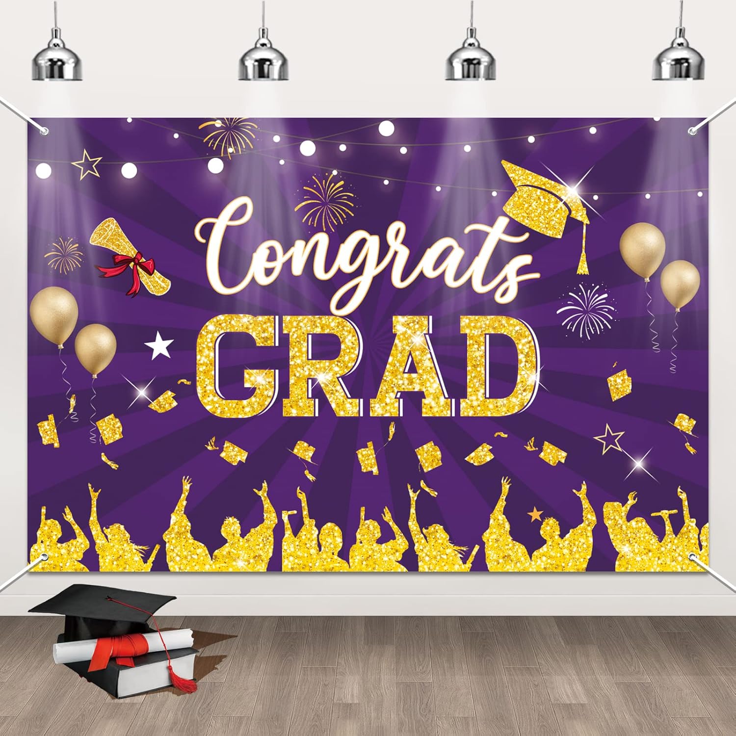 Amazon.com : Congrats Grad Backdrop Banner, Large Purple Graduation ...