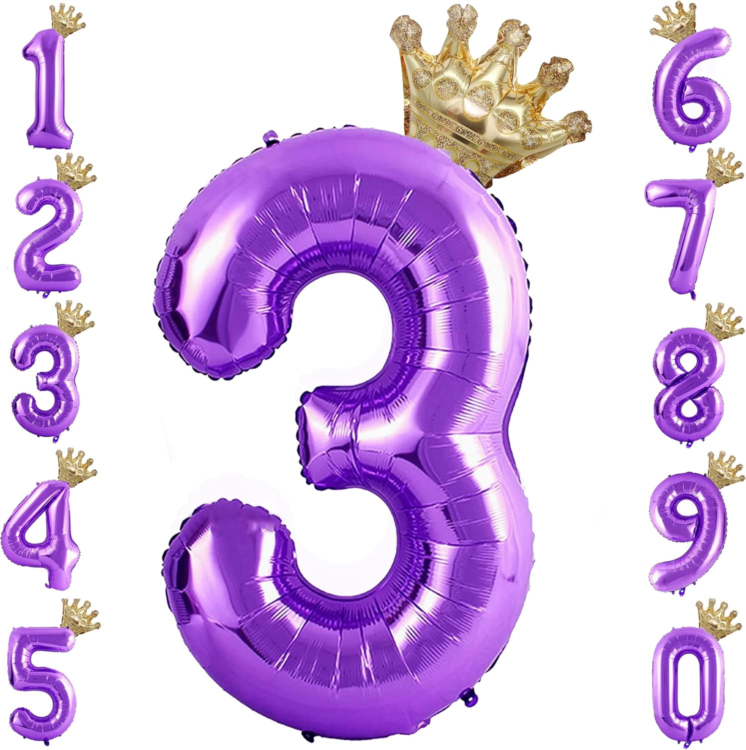 Amazon.com: 40In Purple 3 Number Balloons Crown Balloons 3rd Birthday ...