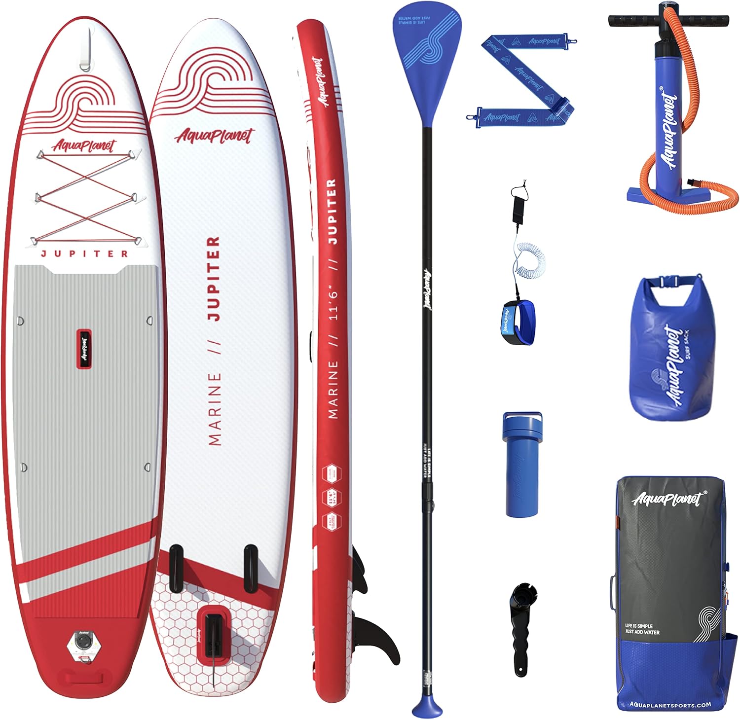 AQUAPLANET Inflatable Stand Up Paddle Board Kit - Jupiter, White & Red ...