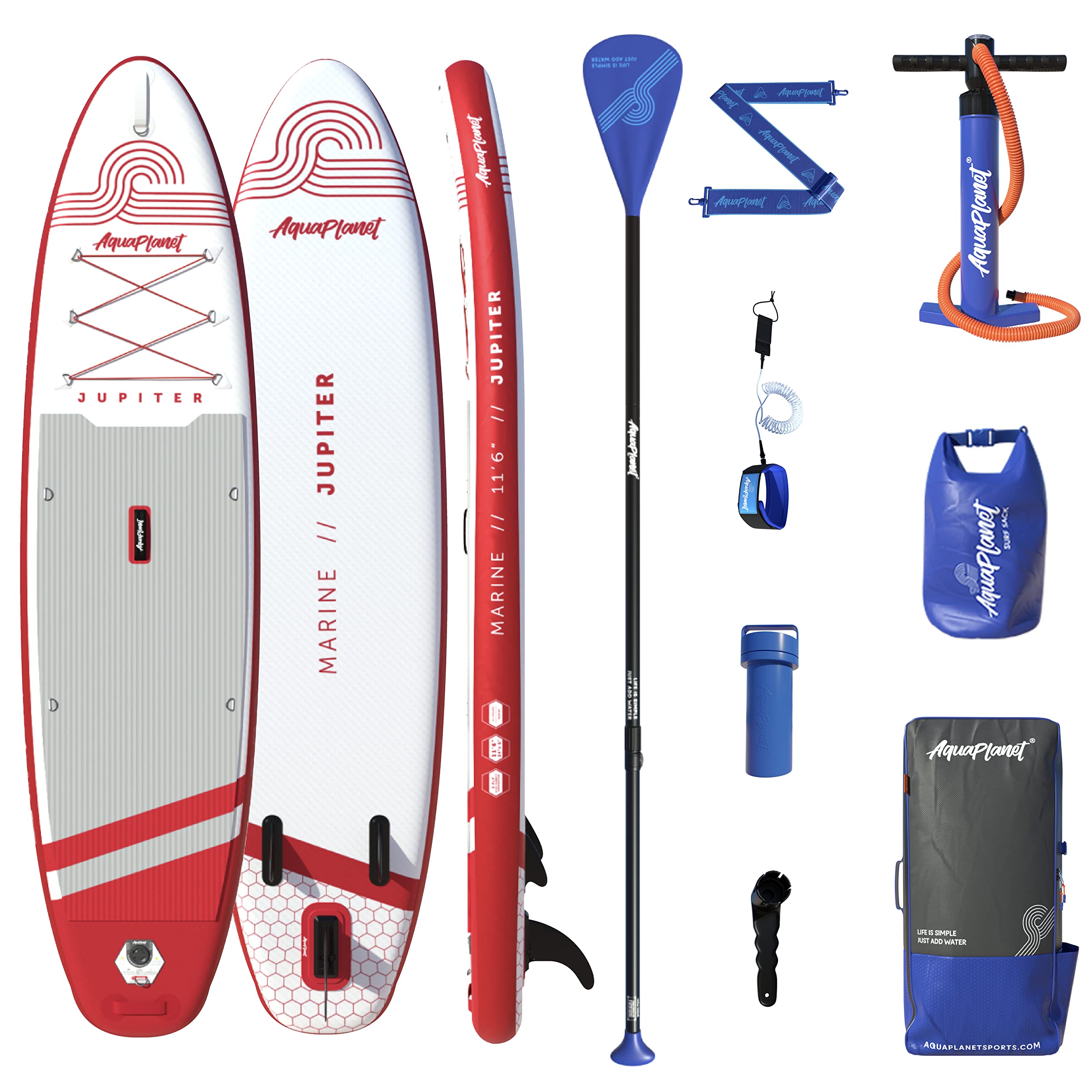 AQUAPLANET Inflatable Stand Up Paddle Board Kit - Jupiter, White & Red ...