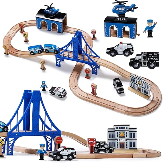 Amazon.com: SainSmart Jr. Wooden Train Set - Interactive Police Playset ...