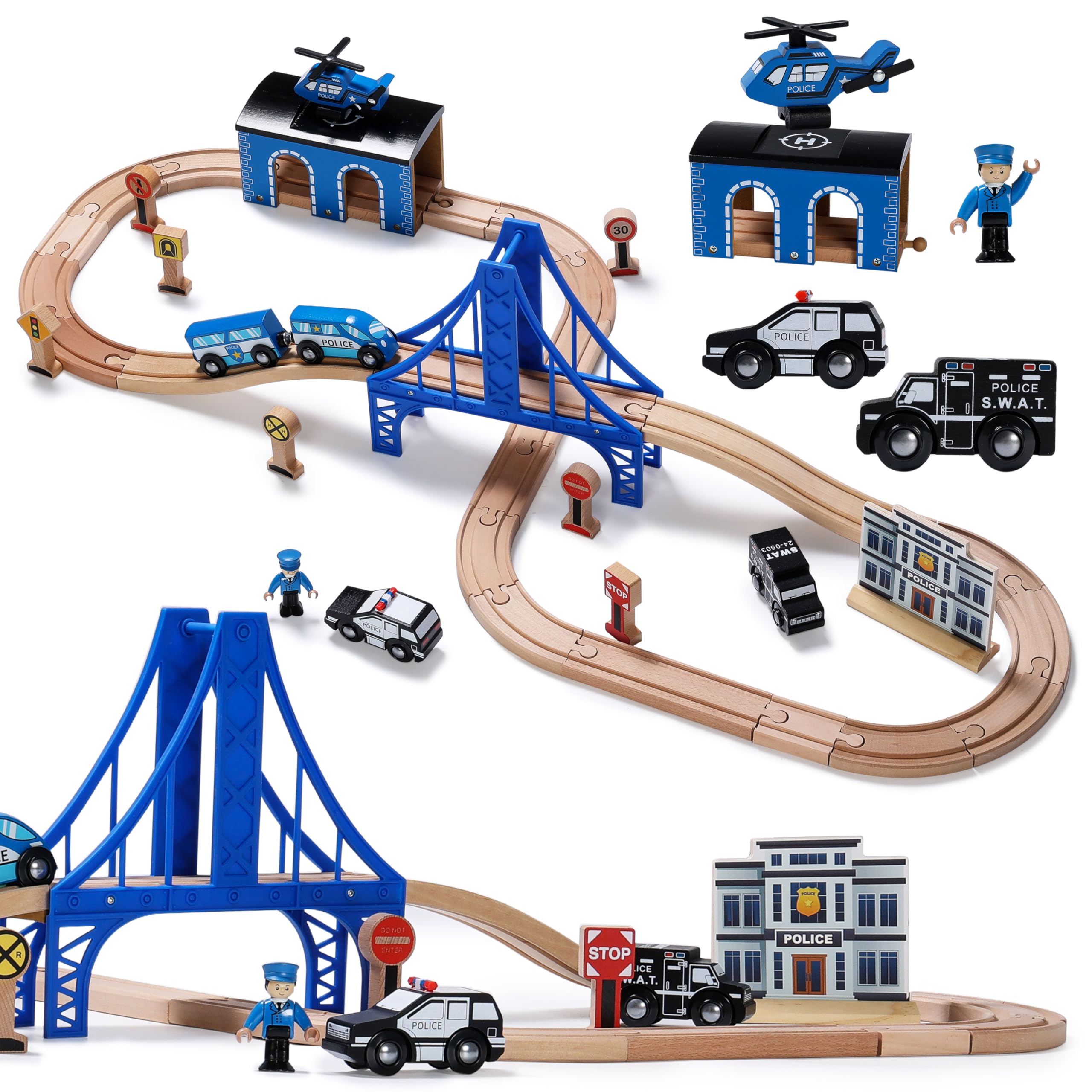Amazon.com: SainSmart Jr. Wooden Train Set - Interactive Police Playset ...