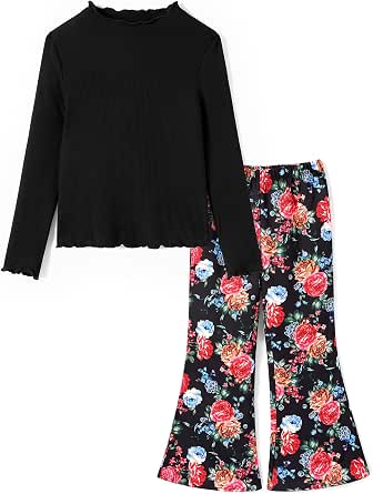 Amazon.com: PATPAT Girls 2 Piece Pant Sets Fall Outfits Black Floral ...