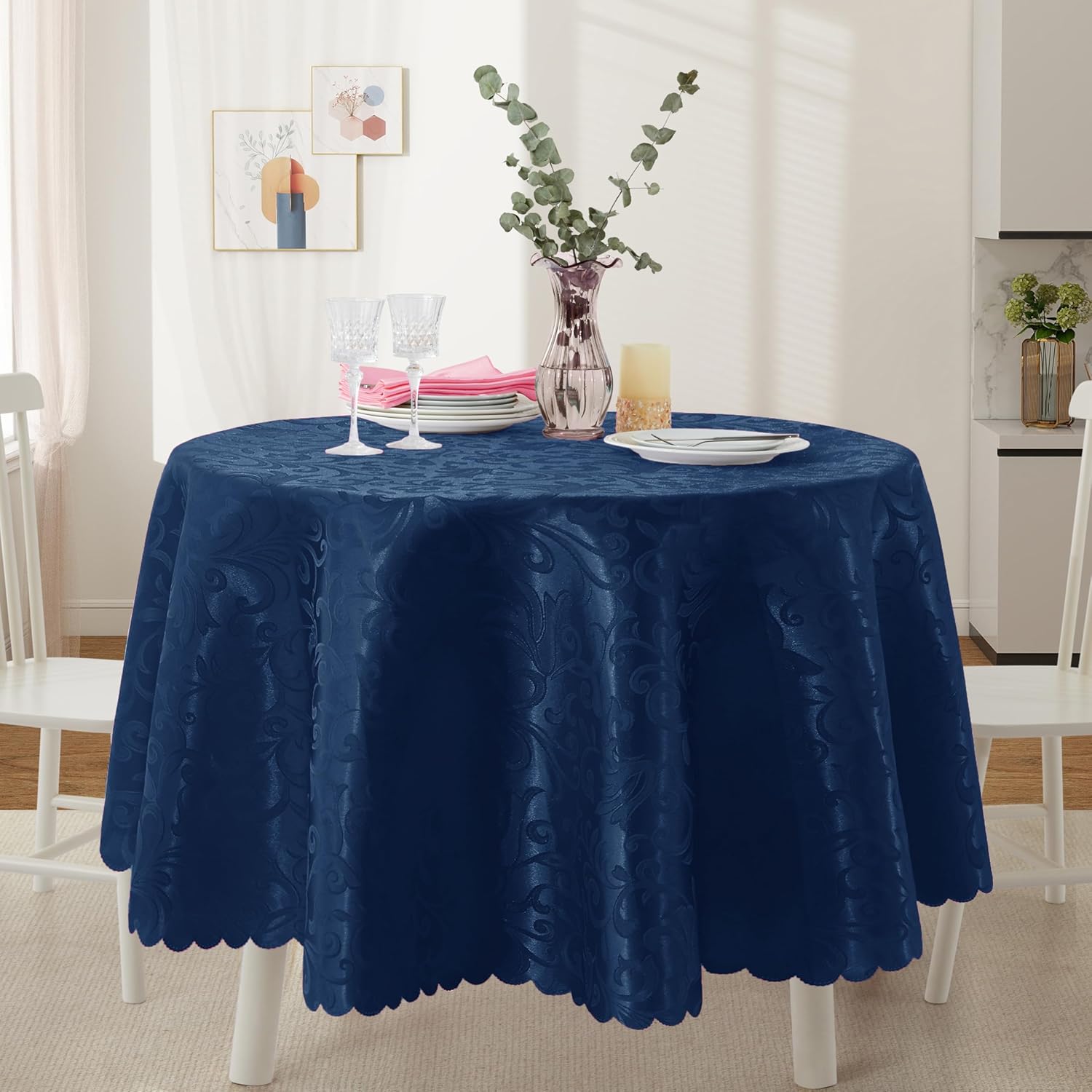 Amazon.com: HommxJF Wave Damask Deep Sea Blue Satin Round Tablecloth 60 ...