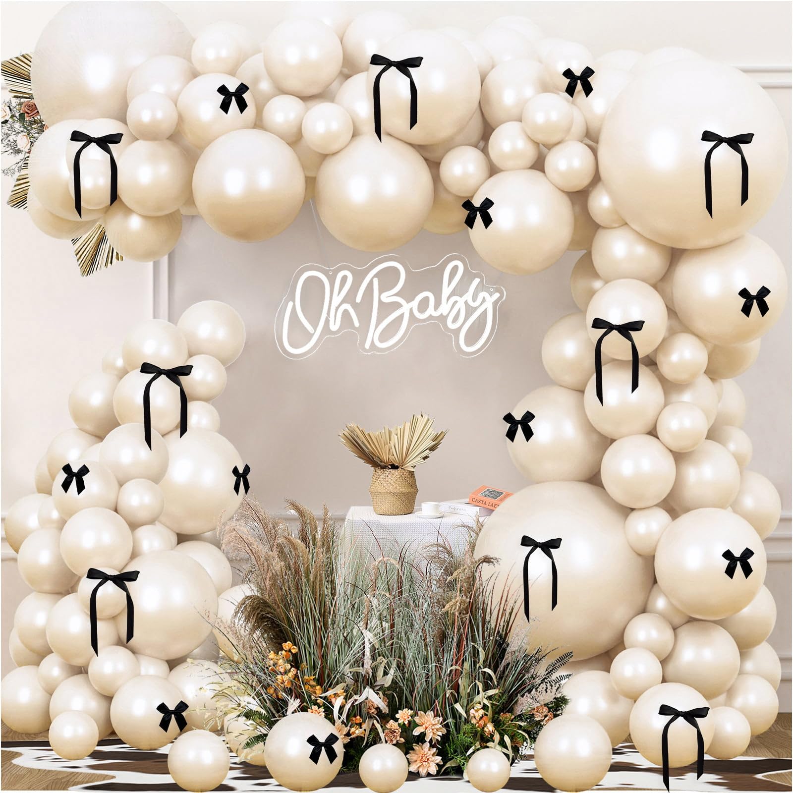 Amazon.com: Black Bow Balloon Arch 93pcs Pearl White Sand Double ...