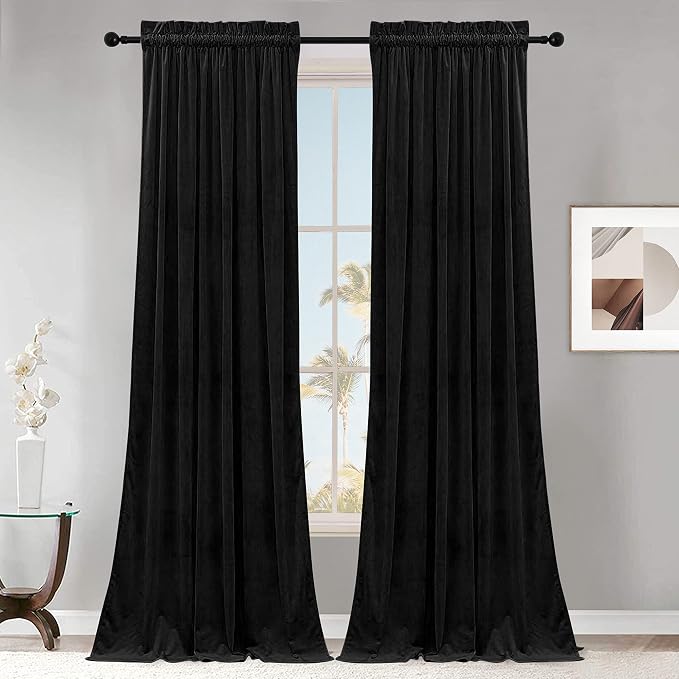 Amazon.com: SMILETIME Black 84in Long Velvet Curtains with Rod Pocket ...