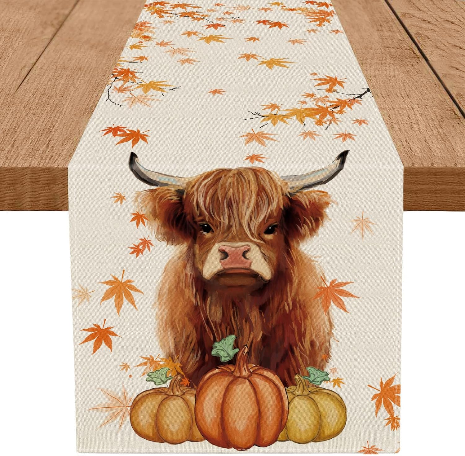 Amazon.com: Fall Table Runner Cow Pumpkin Maple Branch Burlap Table ...