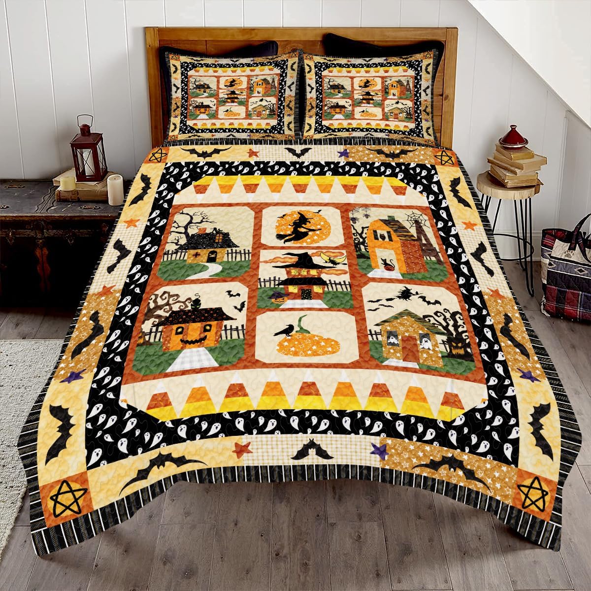 Amazon.com: Halloween Autumn Farm House Quilt Set, Fall Quilts King ...
