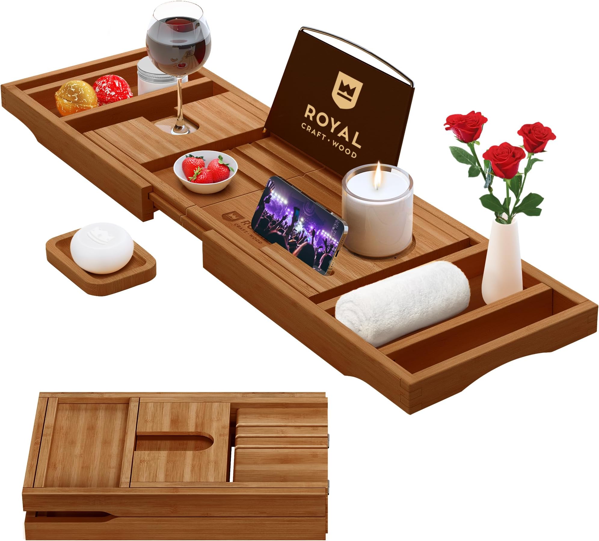 Amazon.com: SereneLife Luxury Bamboo Bathtub Caddy Tray - Adjustable ...